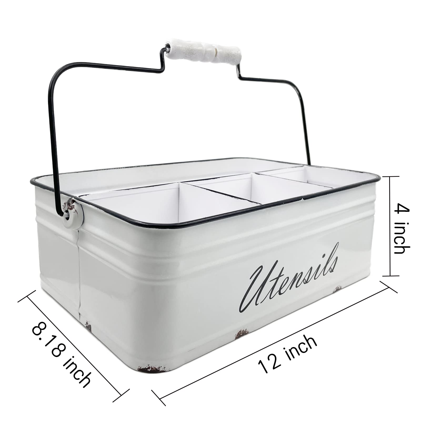 AWAHITAWA Utensil Caddy White Rustic Galvanized Metal Caddy, Farmhouse Kitchen Organizer with Comfortable Wooden Handle Storage For Flatware,Condiments,Party Cutlery, Picnic-White