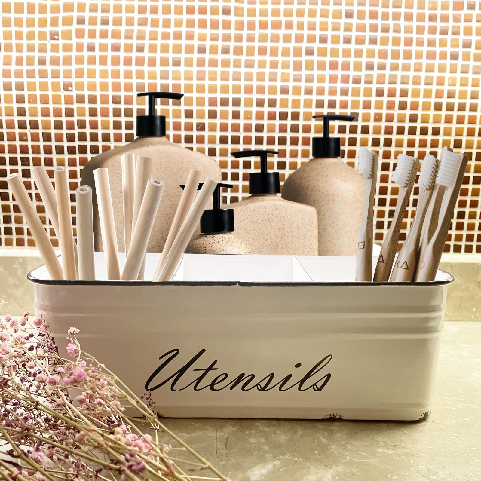 AWAHITAWA Utensil Caddy White Rustic Galvanized Metal Caddy, Farmhouse Kitchen Organizer with Comfortable Wooden Handle Storage For Flatware,Condiments,Party Cutlery, Picnic-White