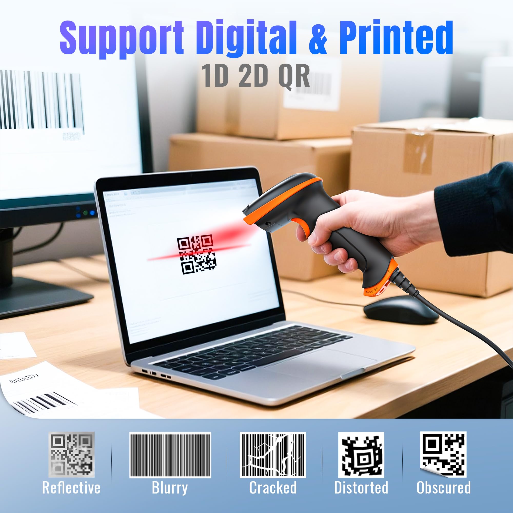 Tera Upgraded USB 2D QR Barcode Scanner Wired, Officially Certified Dustproof Shockproof Waterproof IP65 Ergonomic Handle Fast and Precise Scan for Windows Linux Plug and Play Model D5100Y