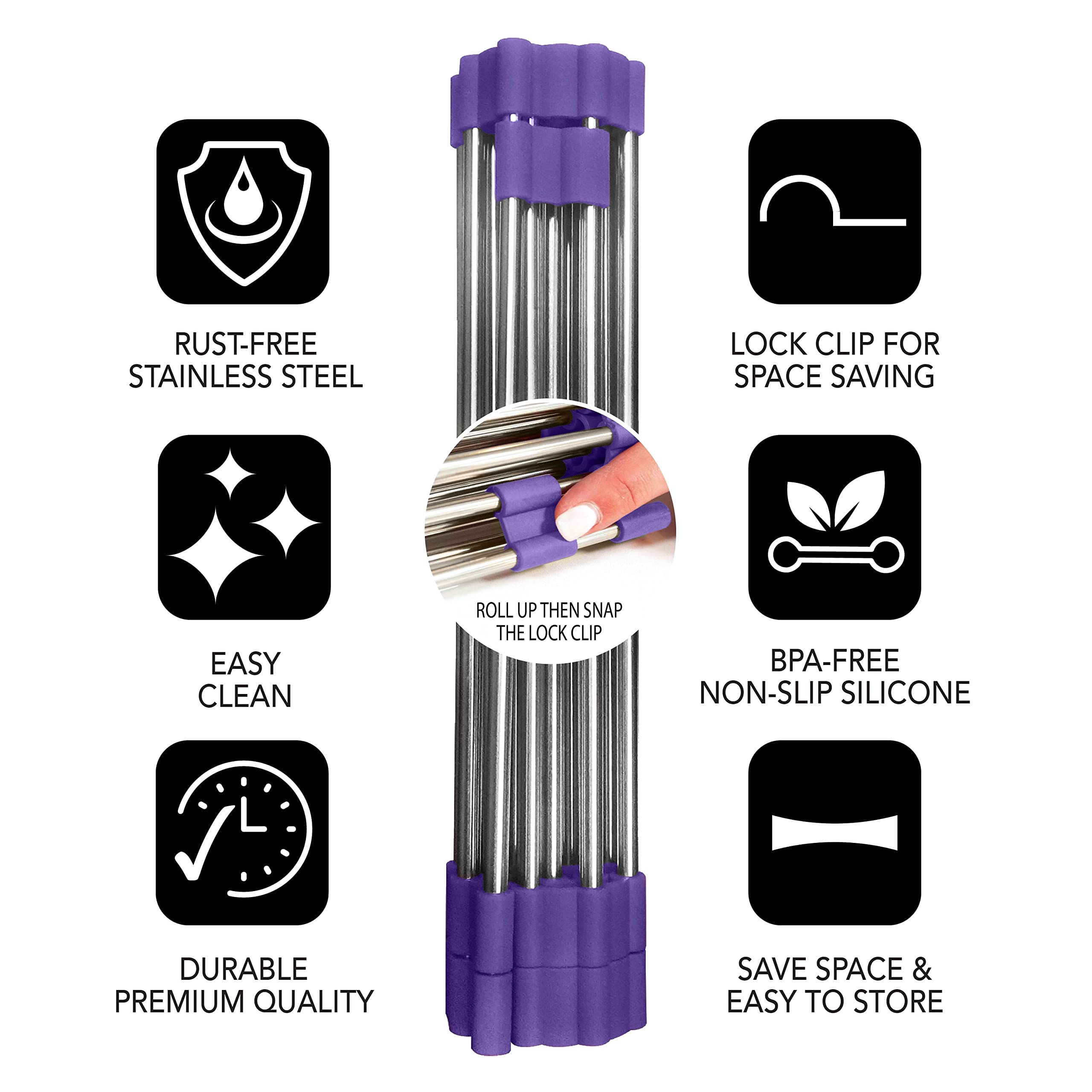 Total Rack Multipurpose Over-Sink Dish-Drying Rack, Cooling, Crisping, Roasting & Serving, Trivet, Nonslip Silicone Grips, Expandable 14" to 21" Stainless-Steel Roll Out Rack - Purple