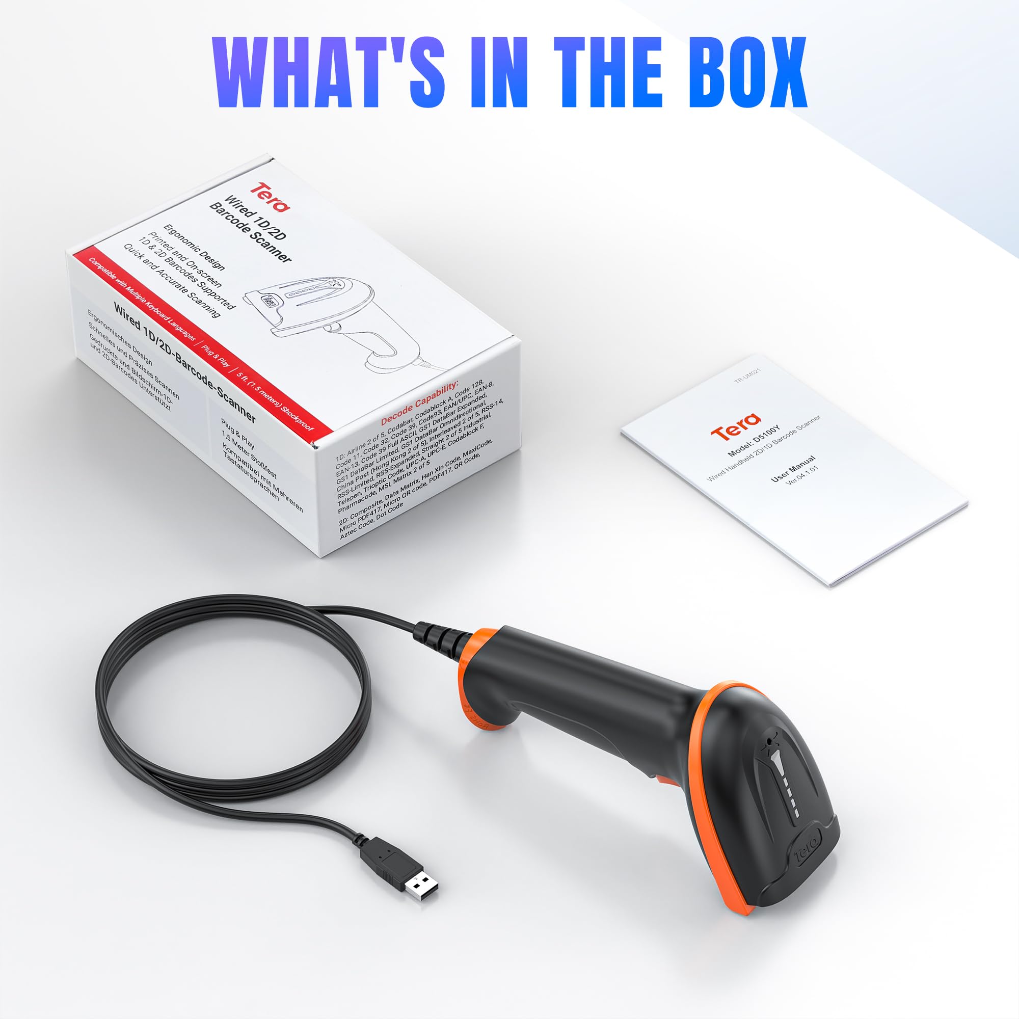 Tera Upgraded USB 2D QR Barcode Scanner Wired, Officially Certified Dustproof Shockproof Waterproof IP65 Ergonomic Handle Fast and Precise Scan for Windows Linux Plug and Play Model D5100Y