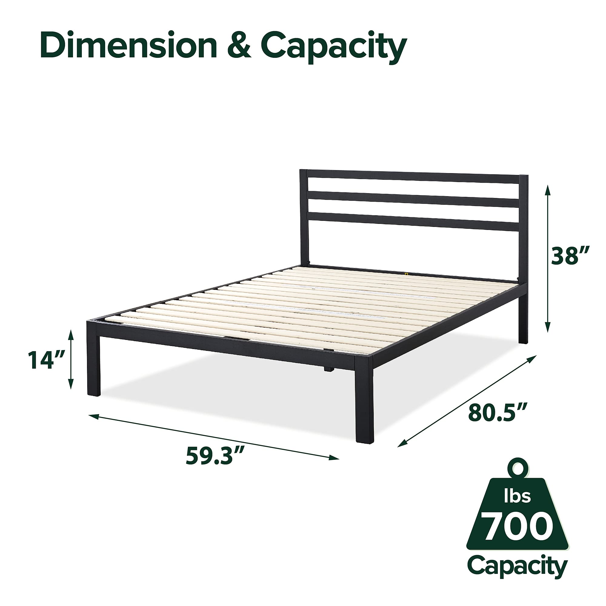 ZINUS Mia Metal Platform Bed Frame with Headboard / Wood Slat Support / No Box Spring Needed / Easy Assembly, Queen