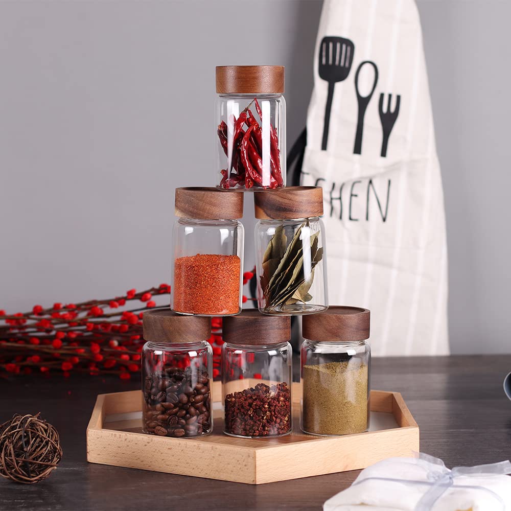SAIOOL 6 Pcs Small Glass Spice Jars with Label,High Sealing Threaded Mouth,with Black Printed Spice Labels - 8.79oz /260ml*6 ,Empty Cylinder Spices Bottles ,Storage Jars with Airtight Screw Lids