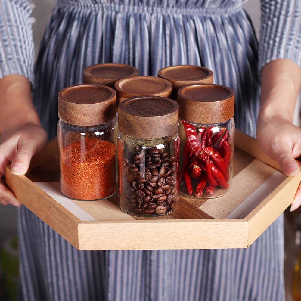 SAIOOL 6 Pcs Small Glass Spice Jars with Label,High Sealing Threaded Mouth,with Black Printed Spice Labels - 8.79oz /260ml*6 ,Empty Cylinder Spices Bottles ,Storage Jars with Airtight Screw Lids