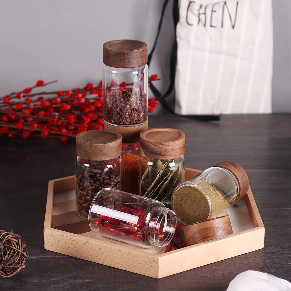 SAIOOL 6 Pcs Small Glass Spice Jars with Label,High Sealing Threaded Mouth,with Black Printed Spice Labels - 8.79oz /260ml*6 ,Empty Cylinder Spices Bottles ,Storage Jars with Airtight Screw Lids