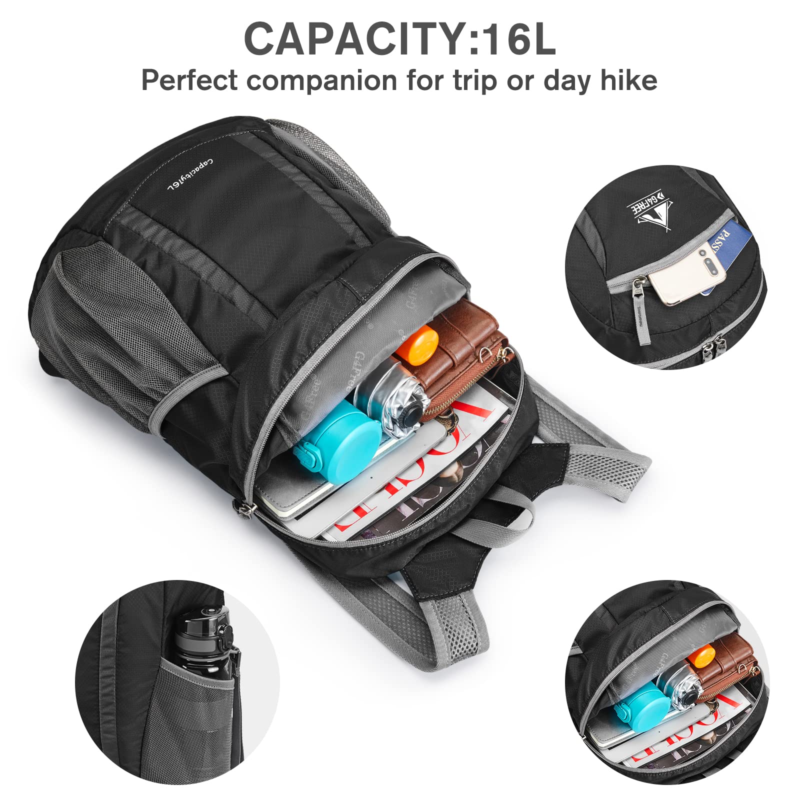 G4Free 16L Hiking Daypack, Lightweight Nylon Packable Backpack for Travel Camping Outdoor Men Women