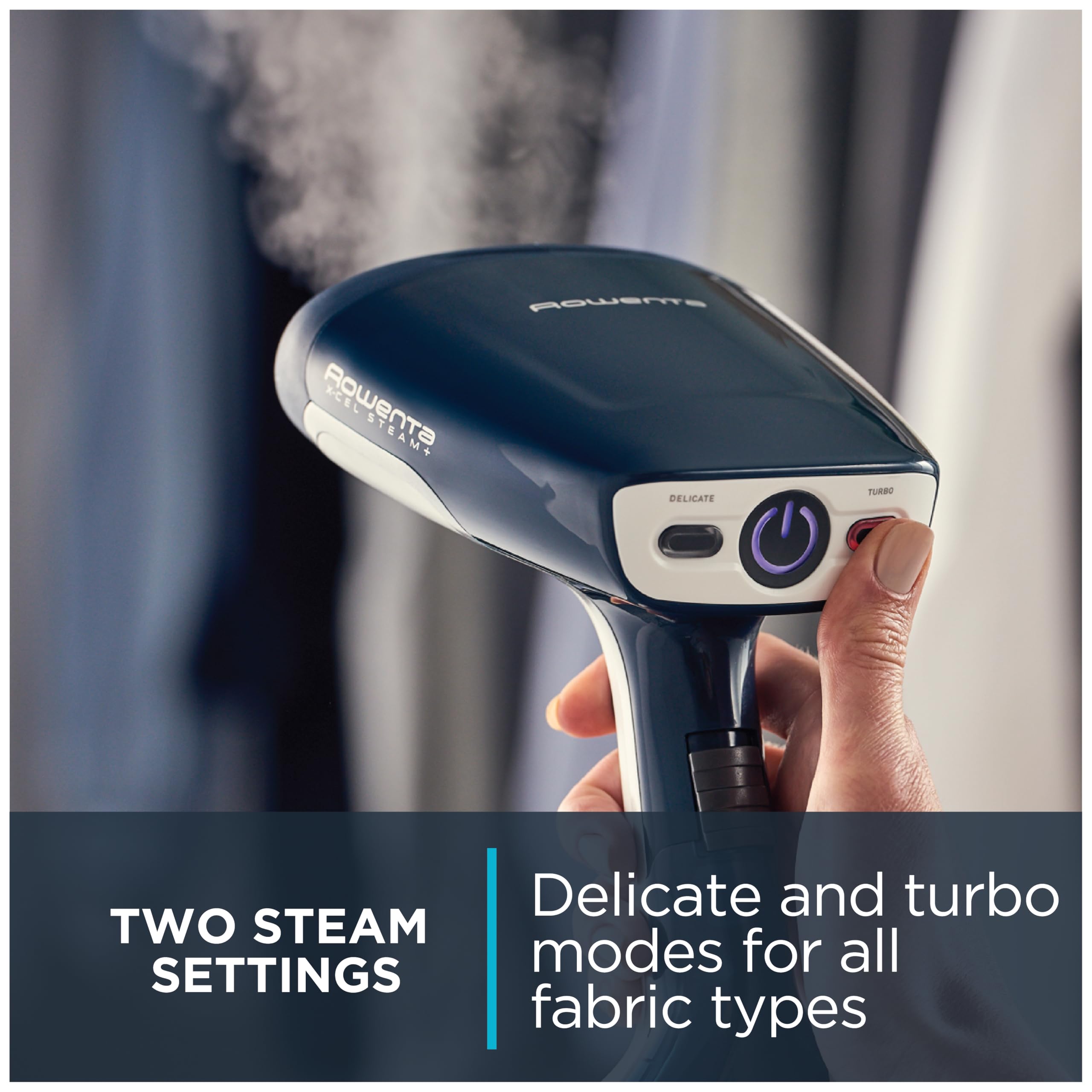 Rowenta DR8120 X-Cel Powerful Handheld Garment and Fabric Steamer Stainless Steel Heated Soleplate with 2 Steam Options, 1600-Watts, White/Blue