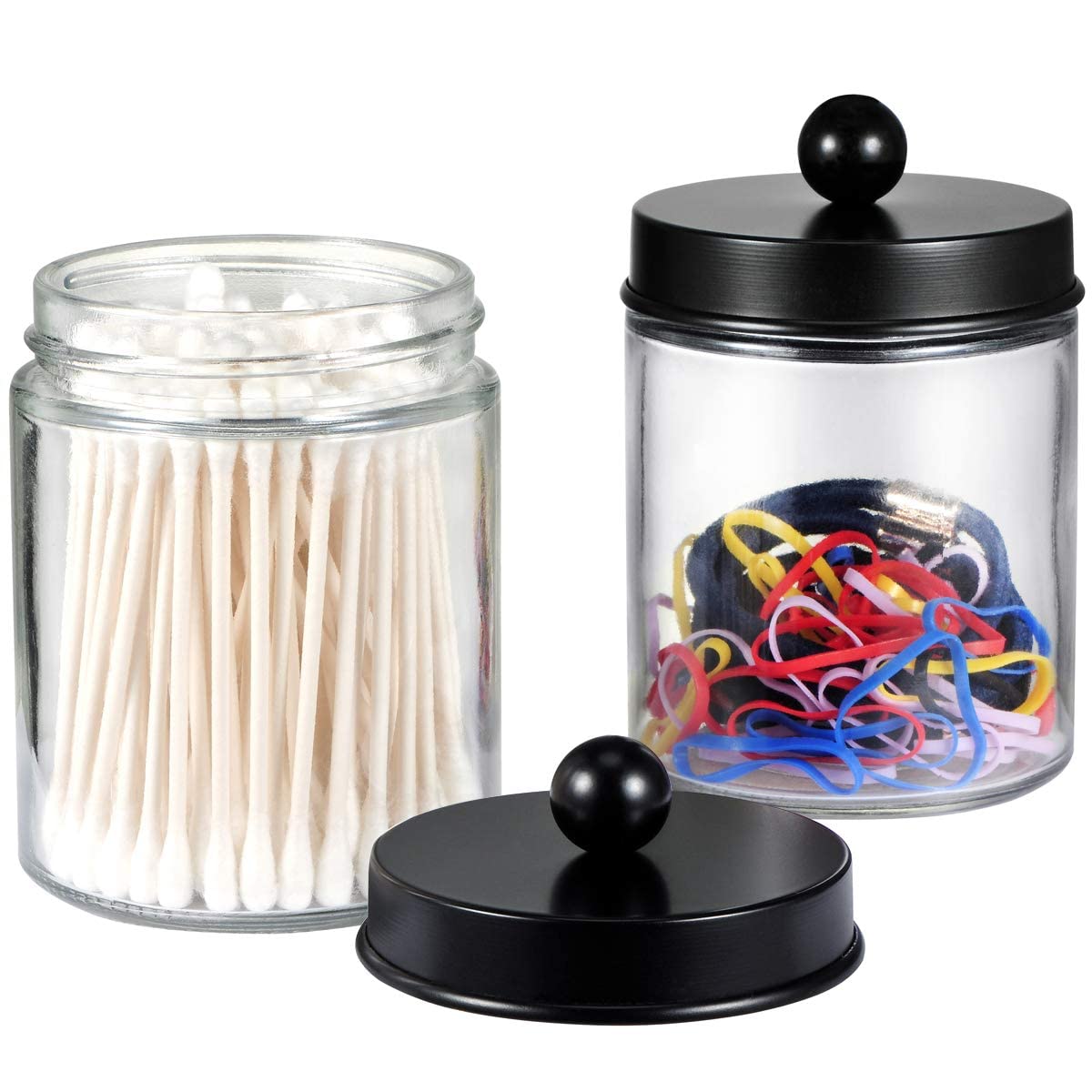 Apothecary Jars Bathroom Storage Organizer - Cute Qtip Dispenser Holder Vanity Canister Jar Glass with Lid for Cotton Swabs,Rounds,Bath Salts,Makeup Sponges,Hair Accessories/Black(2 PACK)
