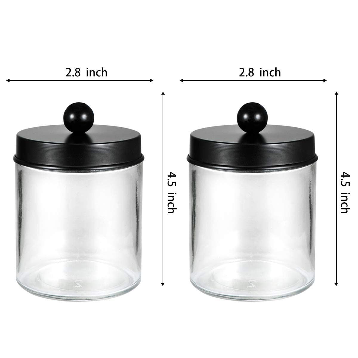 Apothecary Jars Bathroom Storage Organizer - Cute Qtip Dispenser Holder Vanity Canister Jar Glass with Lid for Cotton Swabs,Rounds,Bath Salts,Makeup Sponges,Hair Accessories/Black(2 PACK)