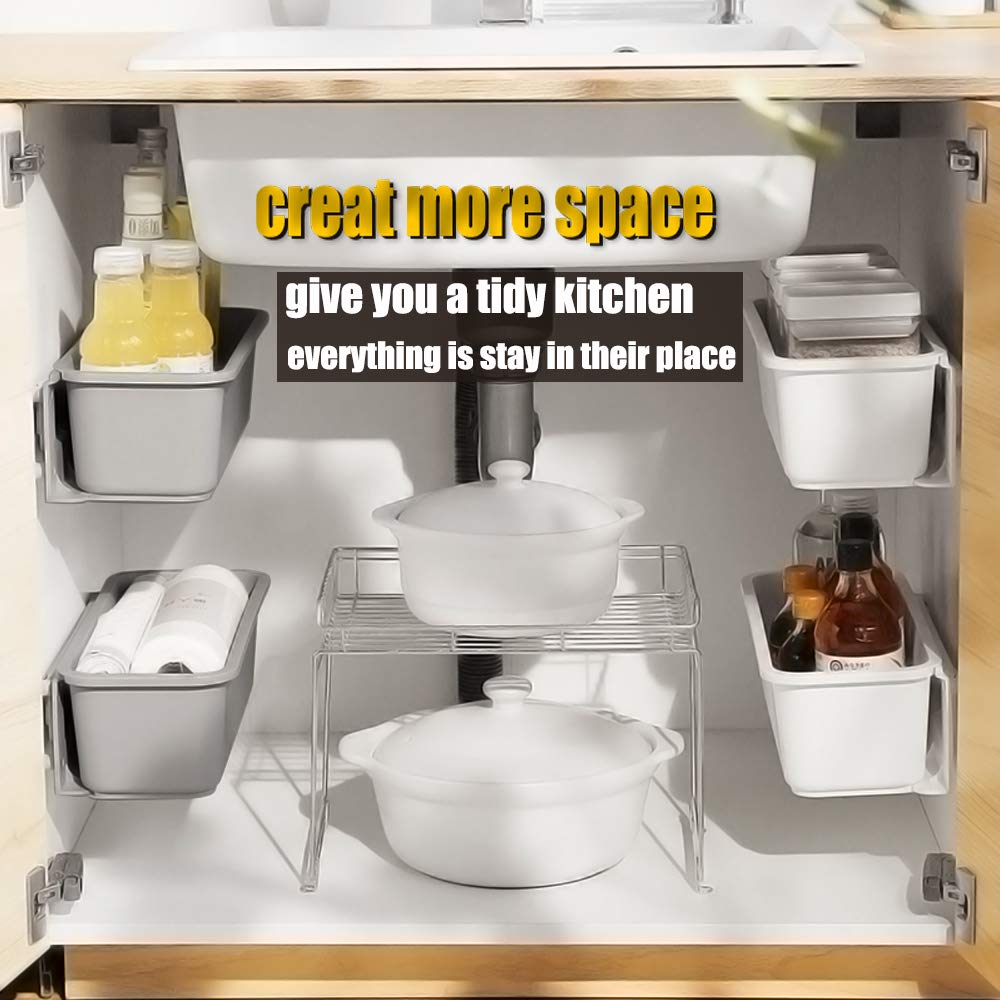 2 Pack Sliding Cabinet Basket for Bathroom, Pull out Storage Drawer Shelves for under Kitchen Sink or Limit Space, Long 14.8in by Wide 6in by Hight 4.4in, White