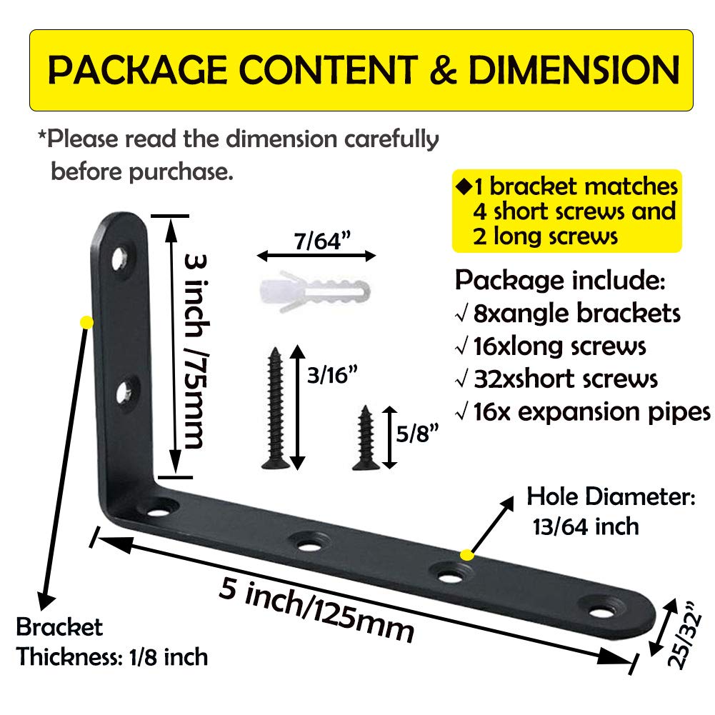 Corner Brace 8 Pcs Shelf Bracket Heavy Duty Black Steel L Corner Brace, Decorative Joint Angle Bracket for Shelf 5 InchX3 Inch Shelves Wall Hanging Bracket with Screws (125X75mm(5 InchX3 Inch)(8PCS))