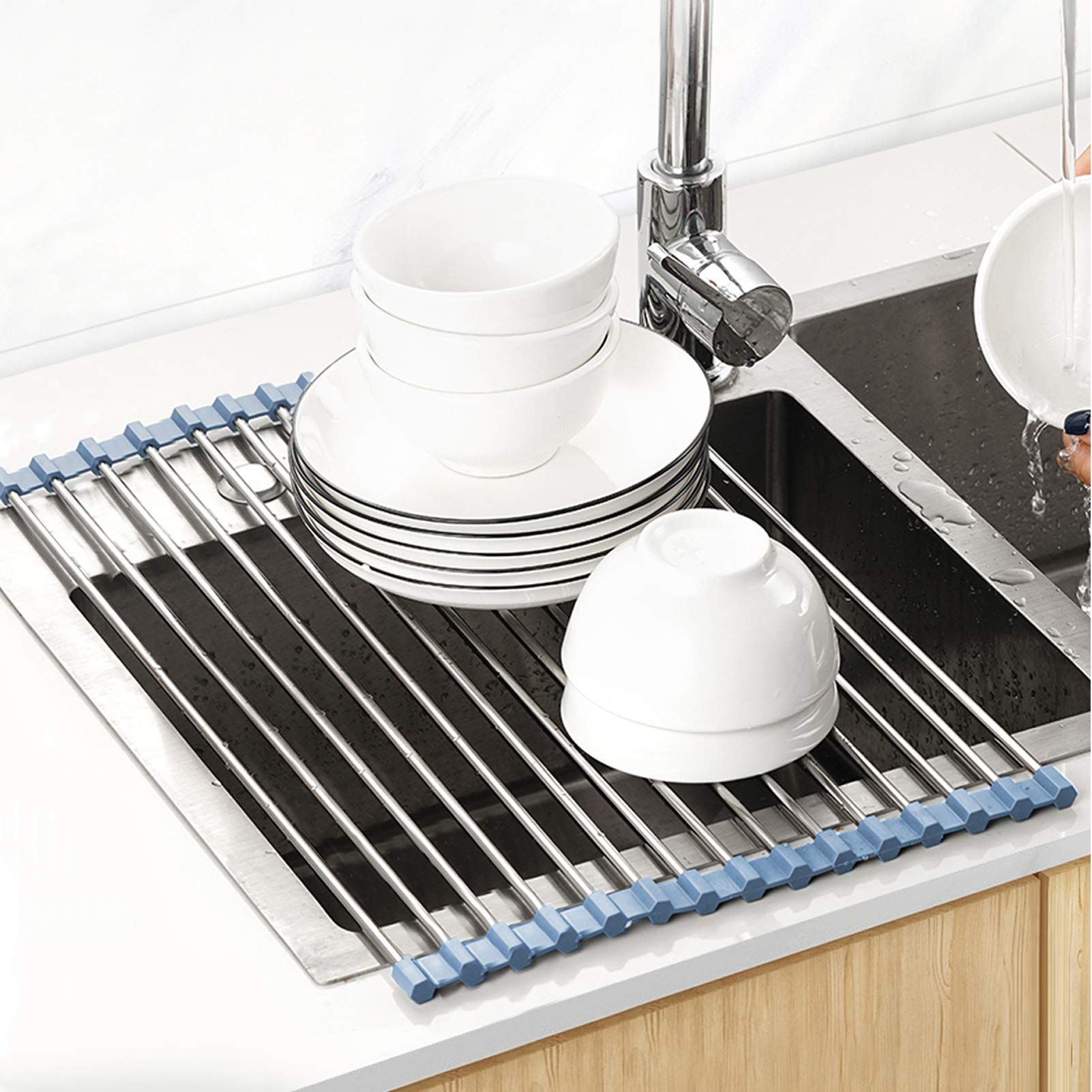 MECHEER Over The Sink Dish Drying Rack, Roll Up Dish Drying Rack Kitchen Dish Rack Stainless Steel Sink Drying Rack, Foldable Dish Drainer, Gray (17.5''x11.8'')