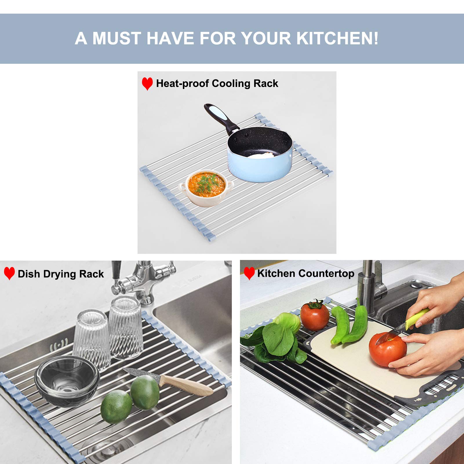 MECHEER Over The Sink Dish Drying Rack, Roll Up Dish Drying Rack Kitchen Dish Rack Stainless Steel Sink Drying Rack, Foldable Dish Drainer, Gray (17.5''x11.8'')