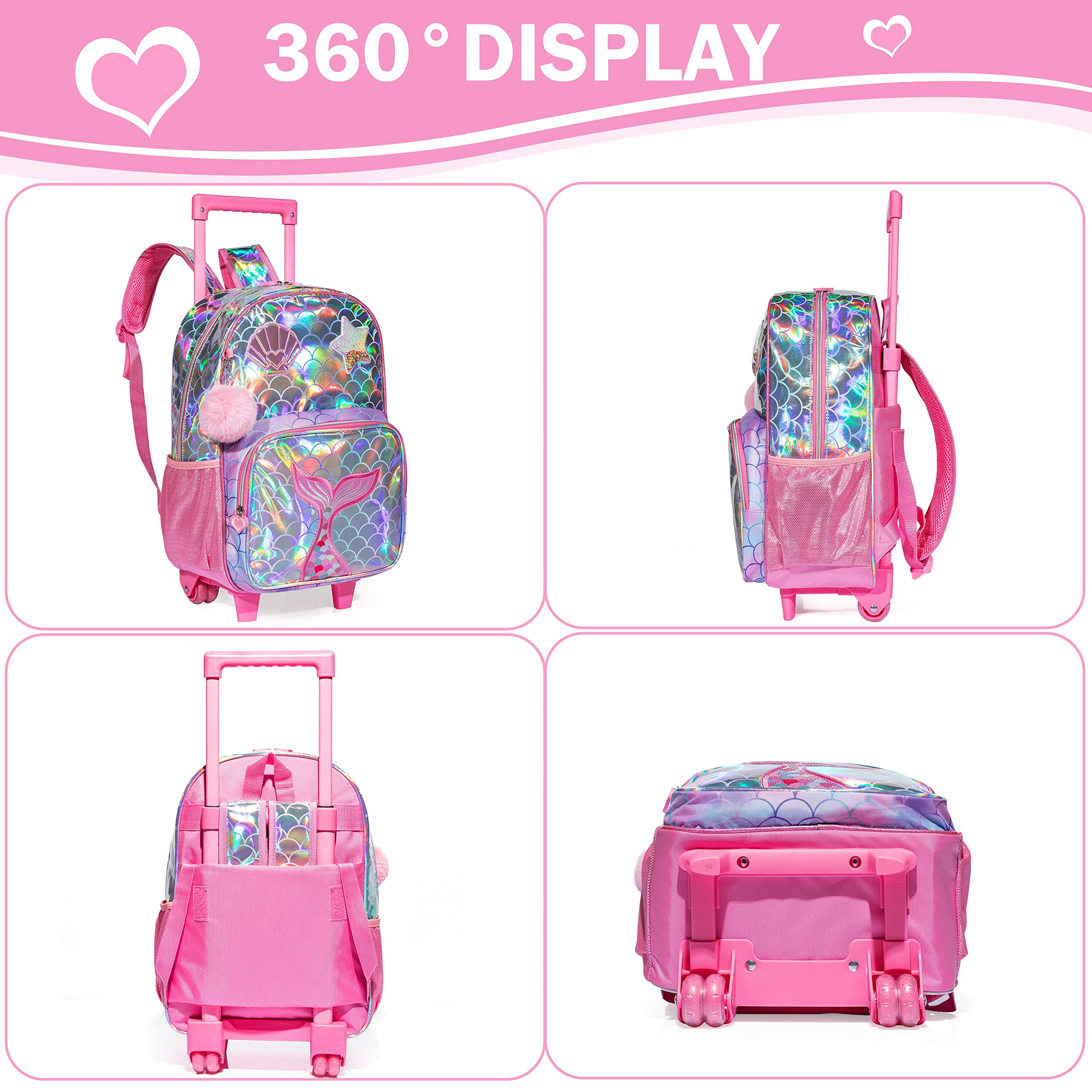 Rolling Backpack for Gilrs School Wheels Backpacks with Lunch Box for Elementary Student Teen Girls Trip Luggage