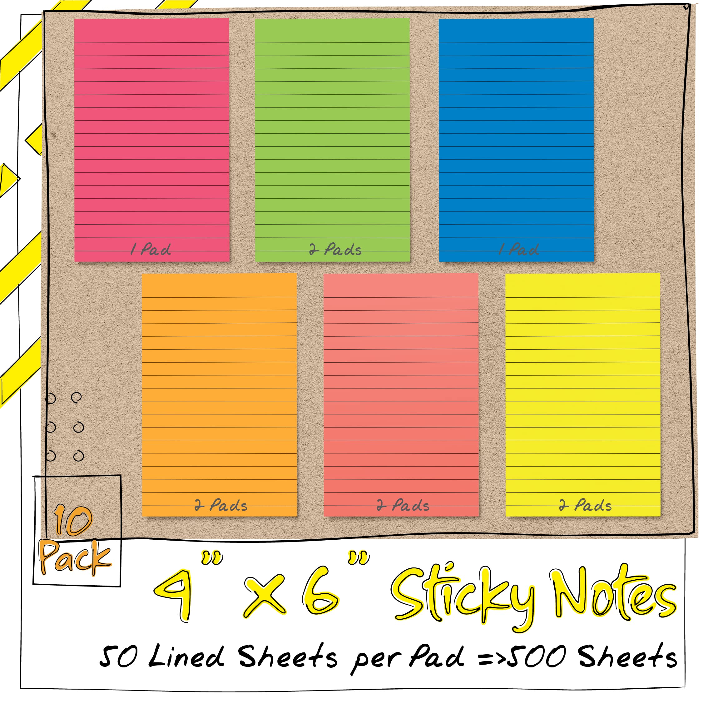 Lined Sticky Notes, 4 x 6, 10 Pack, 500 Sheets (50/Pad), Self Stick Notes with Lines, 6 Bright Assorted Colors, by Better Office Products, Post Memos, Strong Adhesive, 10 Pads