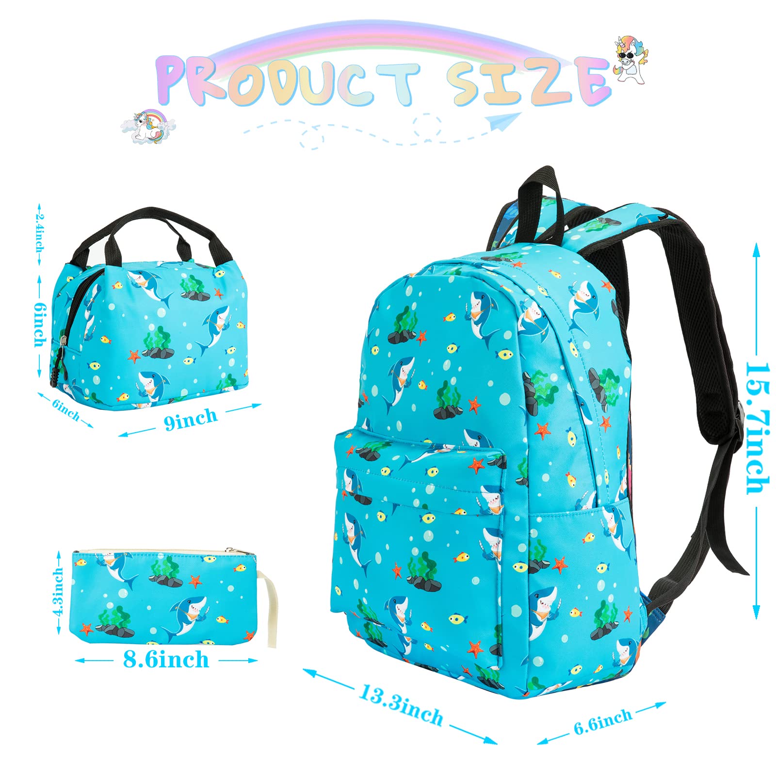 cuesr Shark Boys Backpack and Lunch Box Set,Kids Cute Lightweight Kindergarten Elementary School Bookbag