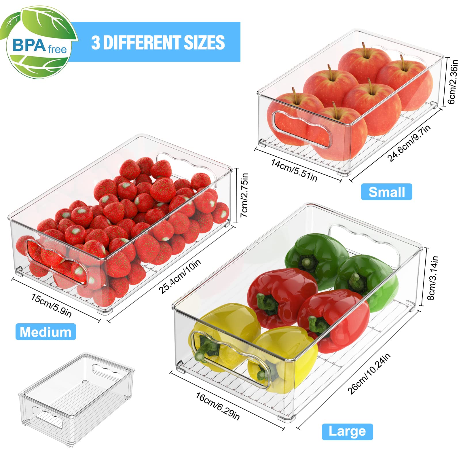 Refrigerator Organizer Bins - 6 Pack Fridge Organizers and Storage Clear, Three Size Clear Stackable Storage Bins for Pantry, Freezer, Cabinet, Drawer - BPA Free