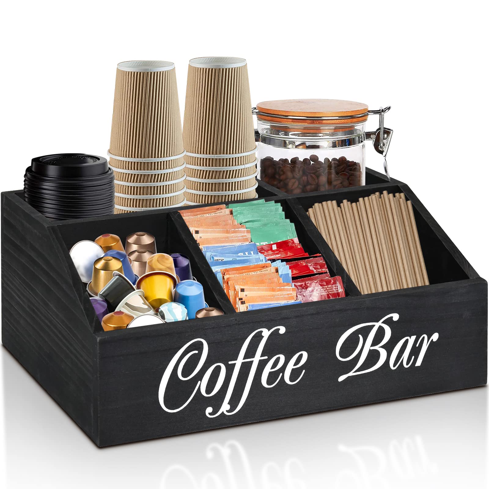 Coffee Station Organizer Coffee Bar Organizer for Counter, Wood Coffee Pods Holder Storage Basket, Coffee and Tea Condiment Storage Organizer, Rustic Coffee Bar Decor for Coffee Accessories Organizer