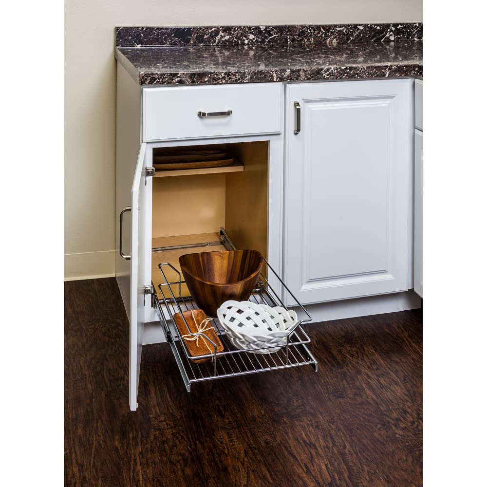 Hardware Resources MBPO21-R Assembled Single Sliding Pullout Steel Metal Wire Basket Organizer for Kitchen Cabinets Polished Chrome (18" for 21" Cabinet)