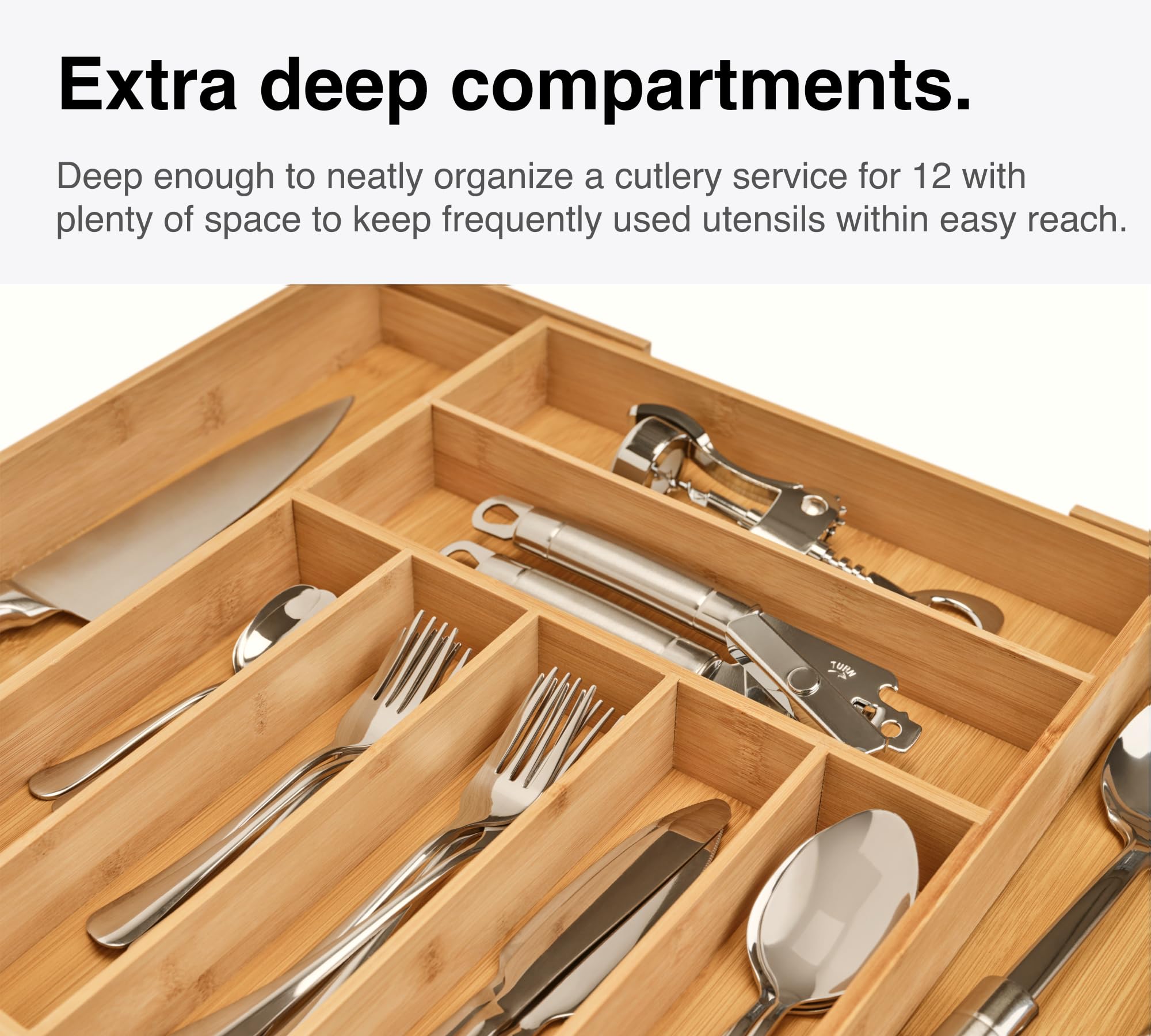Stedware Kitchen Drawer Organizer, Heavy Duty Reinforced Silverware Divider Tray, Expandable Bamboo Utensil Holder for Flatware, Cutlery, Knives - Kitchen Organization and Storage
