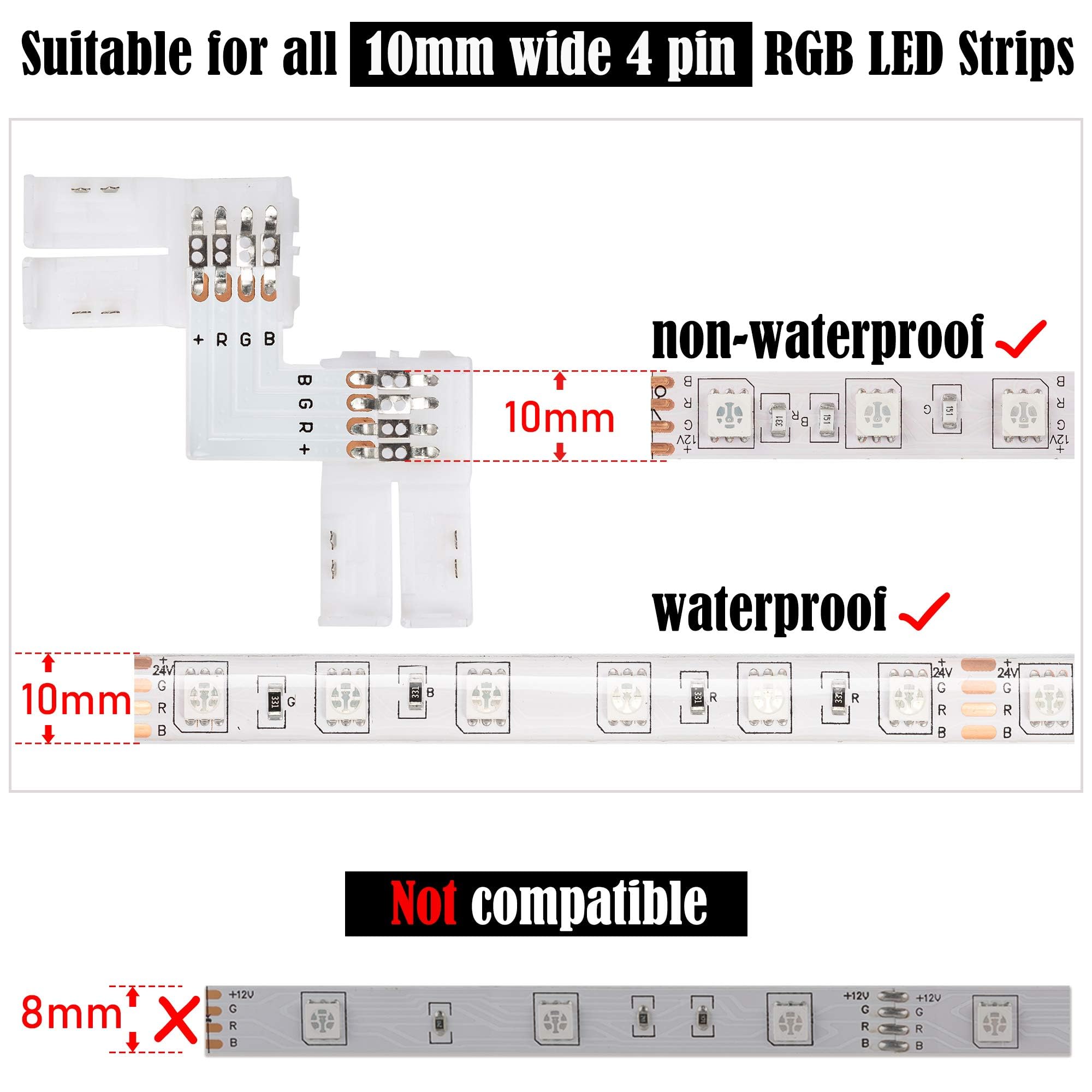 L Shape 4-Pin LED Connectors 10-Pack JACKYLED 10mm Wide Right Angle Corner Connectors Solderless Adapter Connector Terminal Extension with 22Pcs Clips for 3528/5050 SMD RGB 4 Conductor LED Light Strips