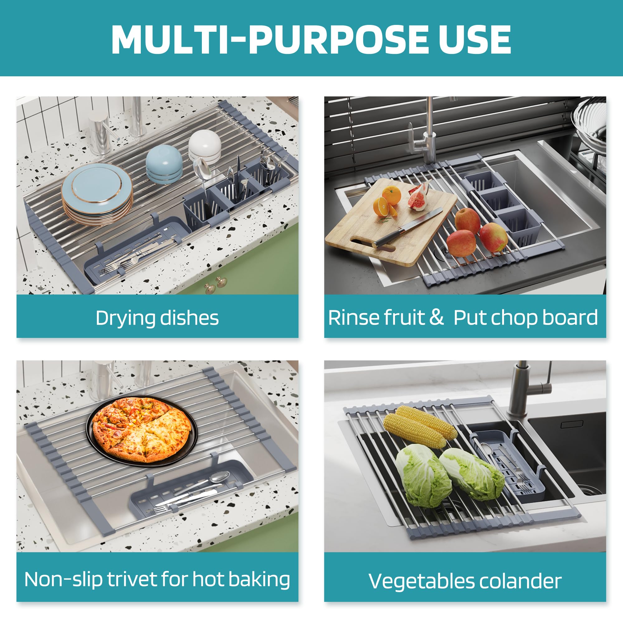 Expandable Roll Up Dish Drying Rack Up to 22.8''with 2 Storage Baskets,Over The Sink Kitchen Rolling up Dish Drainer Dish Drying Rack in Sink, Foldable,Rollable,for Kitchen Dishes,Cups,Fruits,Forks