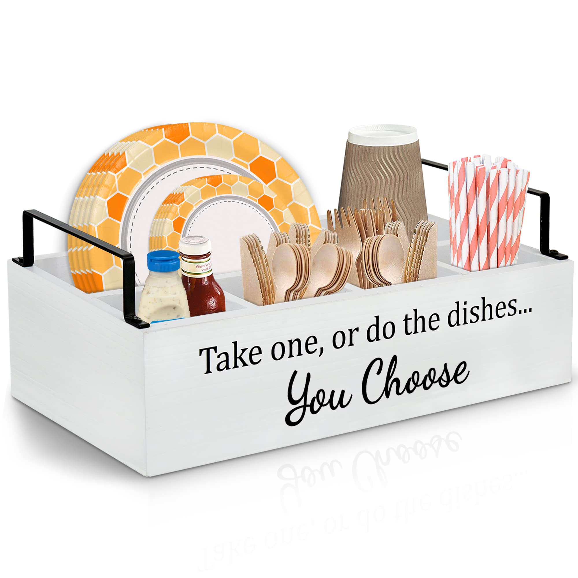 Kitchen Countertop Paper Plate Caddy Holder, Wood Utensil Caddy Holder Organizer for Plates and Cutlery, Silverware Caddy Picnic Caddy Condiment Caddy for Parties BBQ and Outdoor Kitchen Accessories