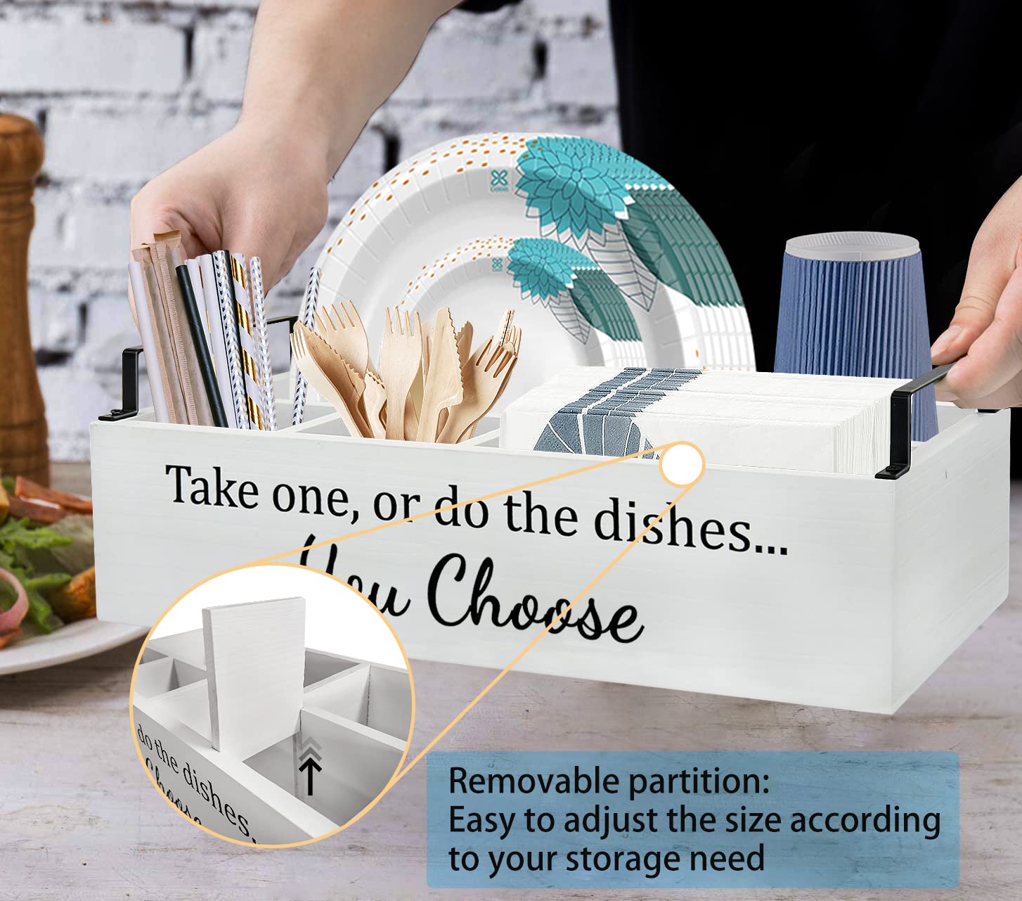 Kitchen Countertop Paper Plate Caddy Holder, Wood Utensil Caddy Holder Organizer for Plates and Cutlery, Silverware Caddy Picnic Caddy Condiment Caddy for Parties BBQ and Outdoor Kitchen Accessories