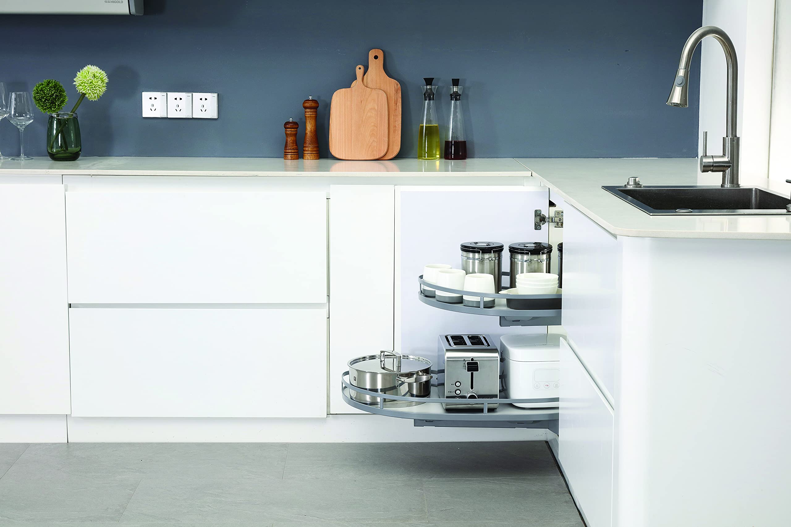 IMEX - Universal Swing Tray for Blind Corner Cabinet | Slide Out Kitchen Storage with Soft Close | 2 Layers of Wooden Trays
