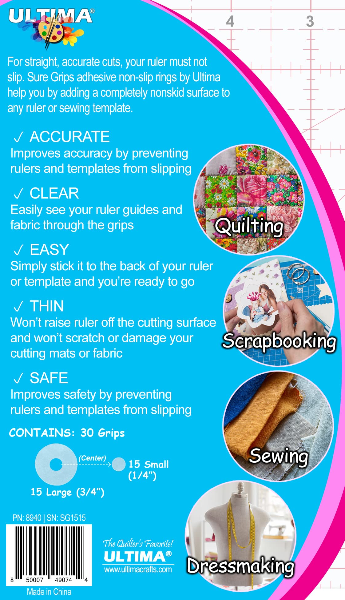 Sure Grips by Ultima β Non-Slip Ruler Grip Rings with 3M Adhesive Backing β Designed for Quilting & Patchworking β Works on Any Ruler β 30 Rings, 15 Large & 15 Small