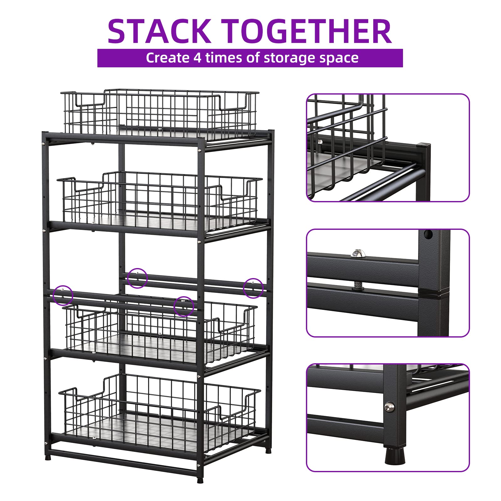 MaraFansie Under Kitchen Cabinet Sink Organizer and Storage with Sliding Drawer, Wider 2 Tier Stackable Basket Rack for Kitchen & Bathroom with Larger Capacity Heavy Duty, Black