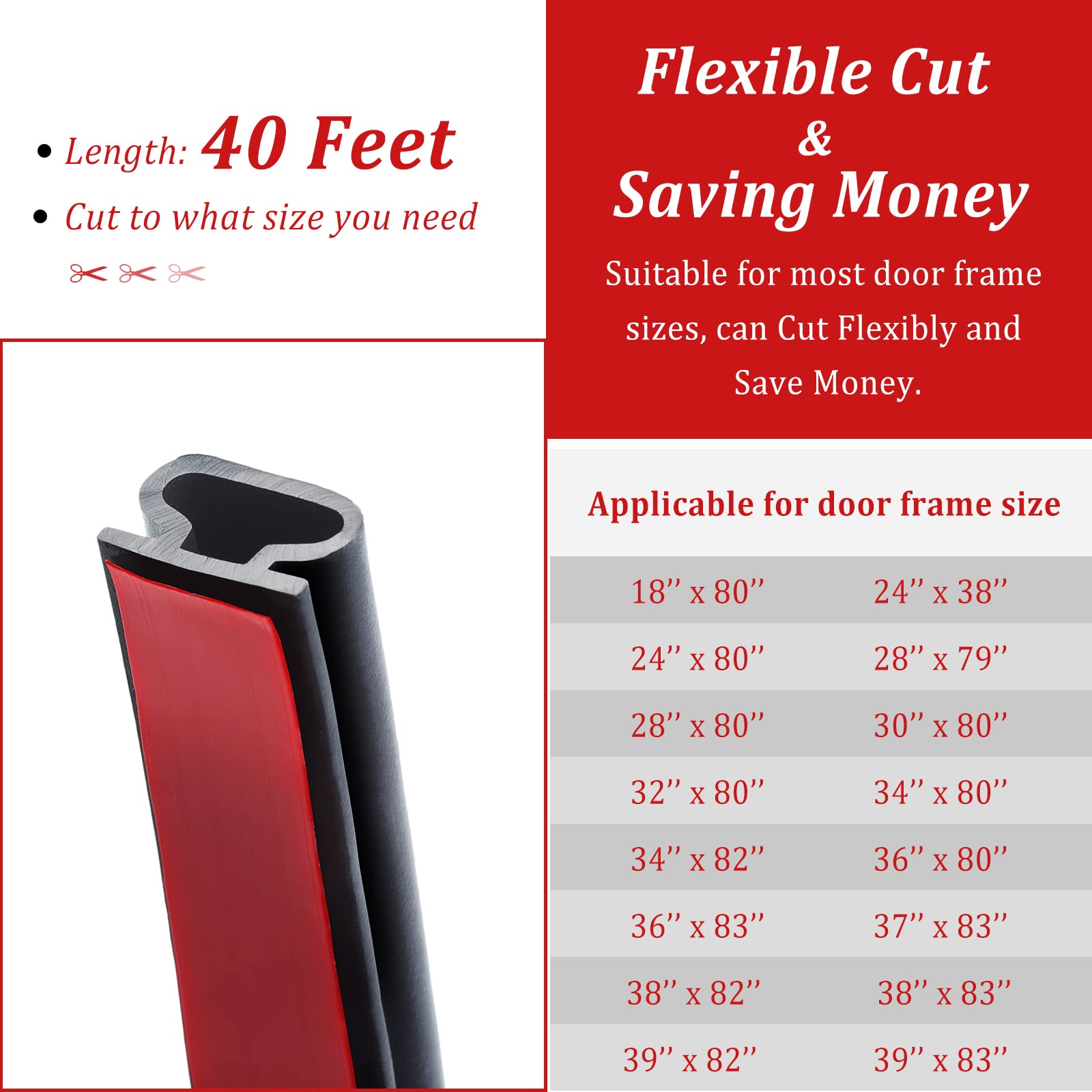 Fingwerk 40 Feet Rubber Weather Stripping Door Seal Strip, Self-Adhesive Backing D-Shape Door Weatherstripping for Door Frame Insulation Large Gap, Easy Cut to Size(Black)