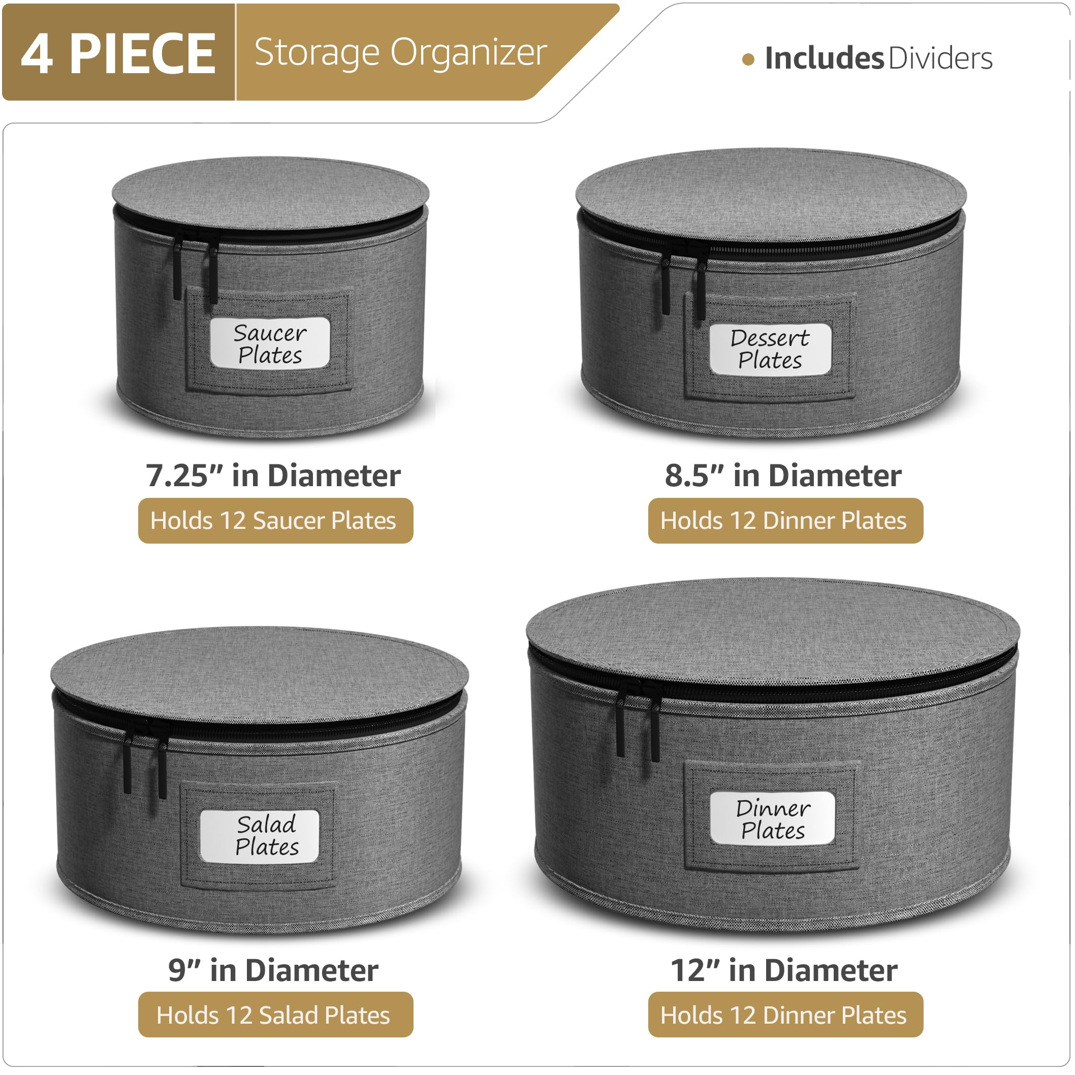 Sorbus China Dinnerware Storage Hard Shell Holders β Round Plate and Cup, Separated Quilted Protection, Felt Plates Protectors - 4-Piece Sturdy Set for Protecting Transporting, Service for 12 (Gray)