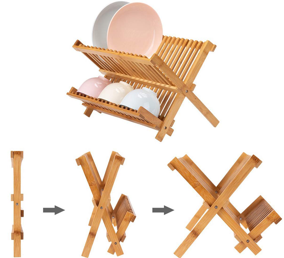 Lawei Collapsible Bamboo Dish Drying Rack - Plate Holder Dish Rack Cup Drying Strainer for Dish, Plate, Bowls, Cup
