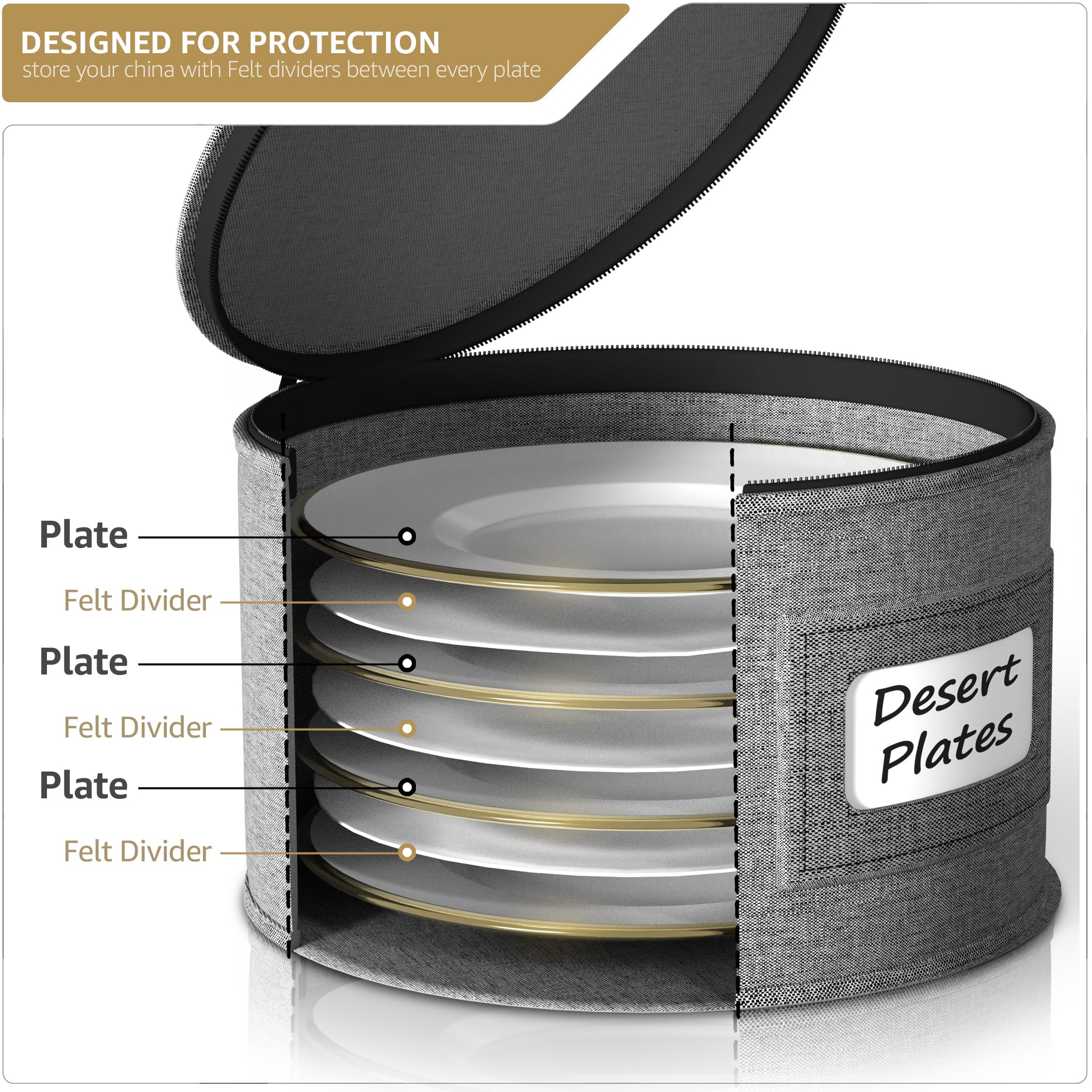 Sorbus China Dinnerware Storage Hard Shell Holders β Round Plate and Cup, Separated Quilted Protection, Felt Plates Protectors - 4-Piece Sturdy Set for Protecting Transporting, Service for 12 (Gray)