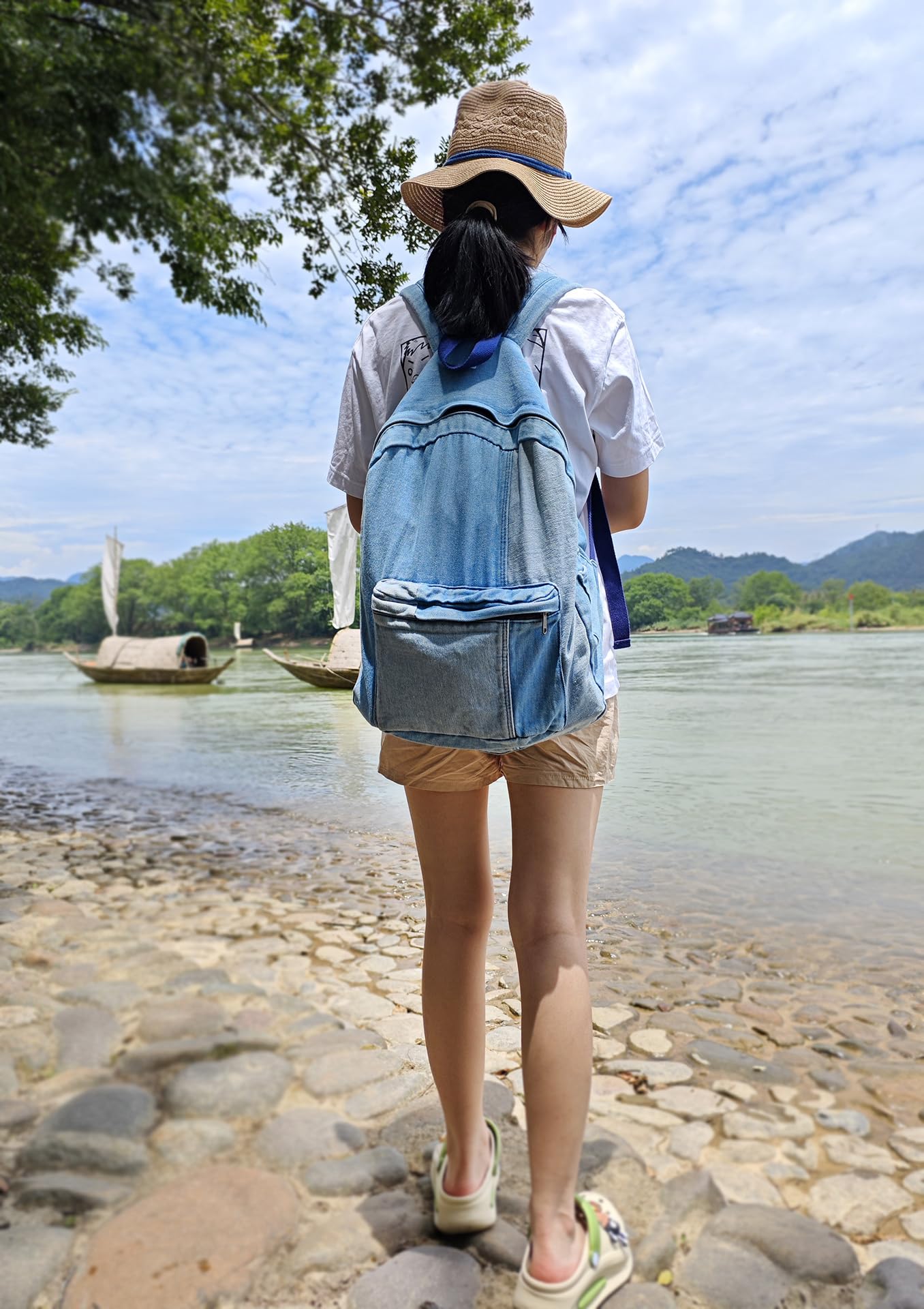 YunZh Denim Backpack Casual Style Lightweight Jeans Backpacks Classic Retro Travel Daypack Bookbags