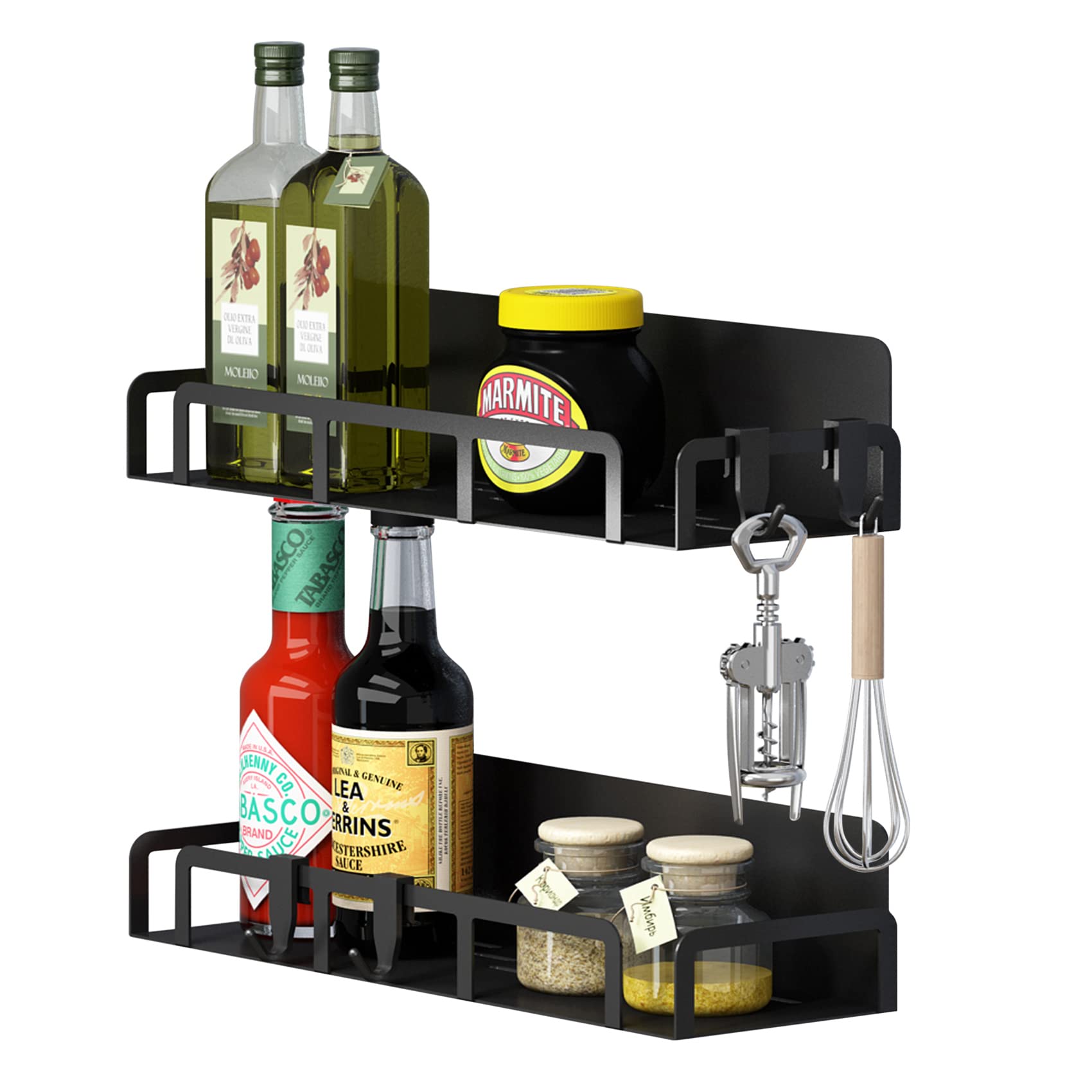 SOSMAR Magnetic Spice Rack, Magnetic Shelf for Refrigerator, Single Tier Fridge Spice Storage Shelf, Space Saver for Kitchen, Metal Cabinet for Holding Spices, Jars, Bottle, Beverage, Pack of 2, Black