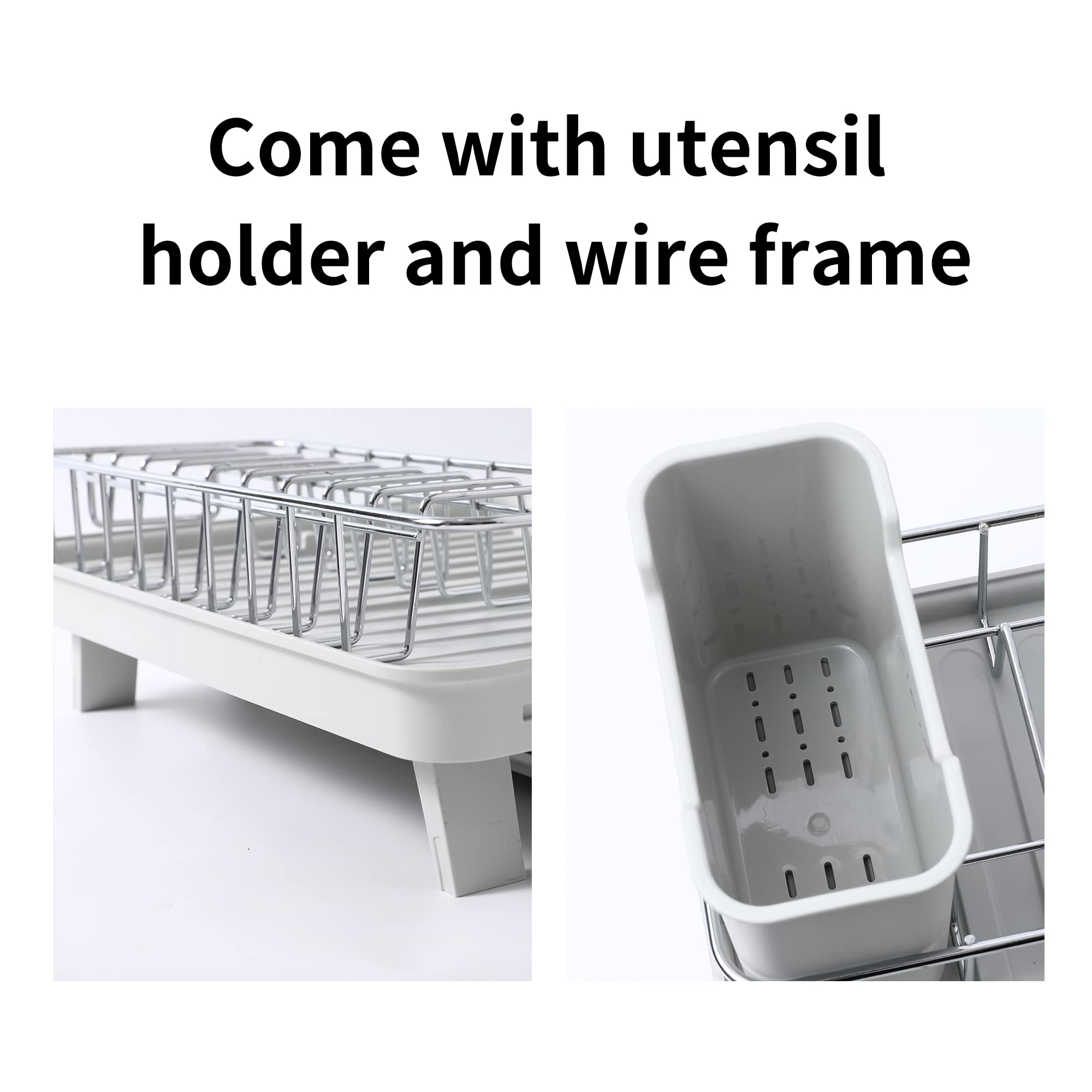 UBENKAKU Dish Drying Rack Dish Rack Stainless Steel Auto-Drain, Expandable Utensil Holder with Cup Holder for Kitchen Counter 14.2" L× 12" W× 3" H, Grey
