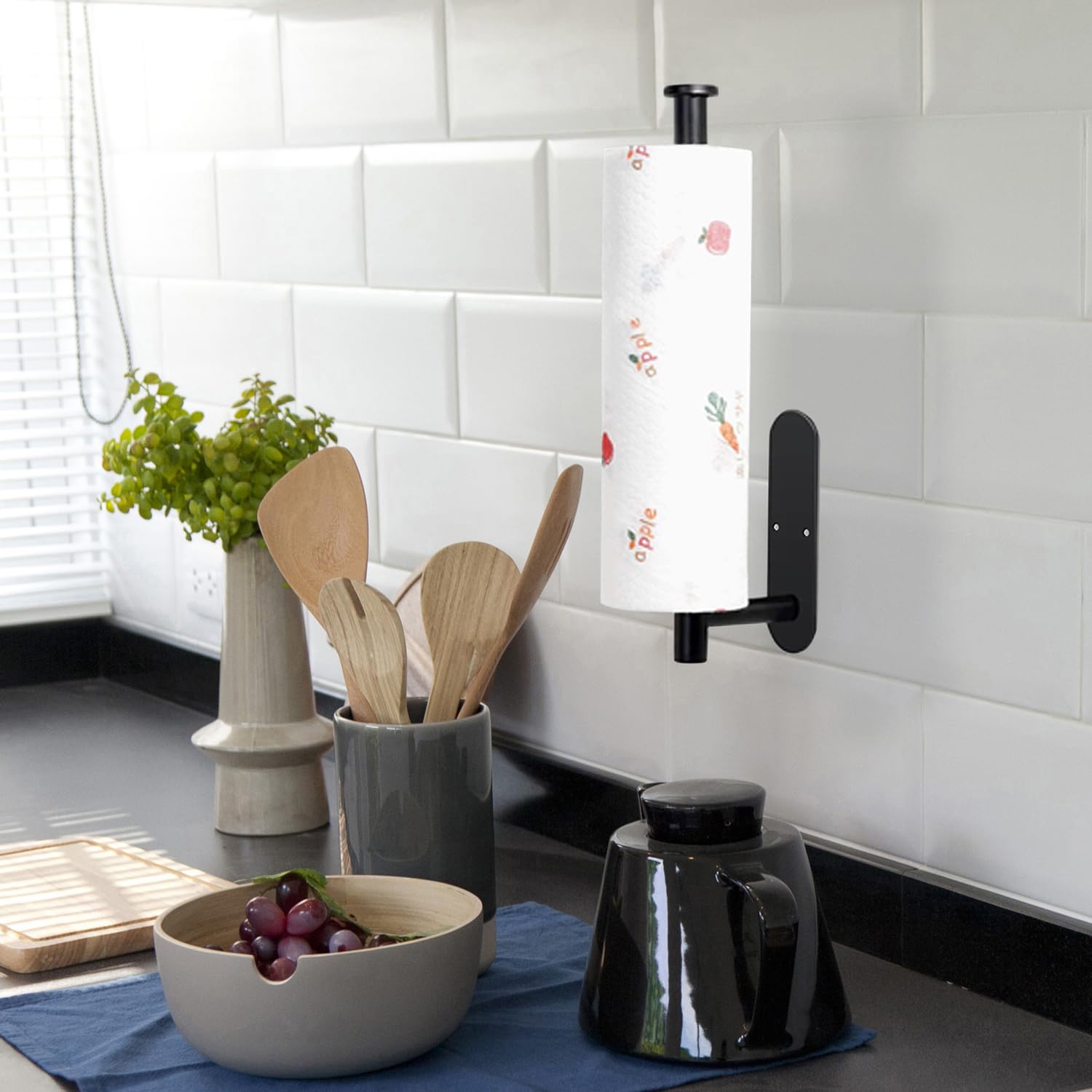 Under Cabinet Paper Towel Holder - Self Adhesive Paper Towel Roll Holder Wall Mount, Matte Black Stainless Steel Towel Paper Holder for Kitchen, Bathroom, Cabinets