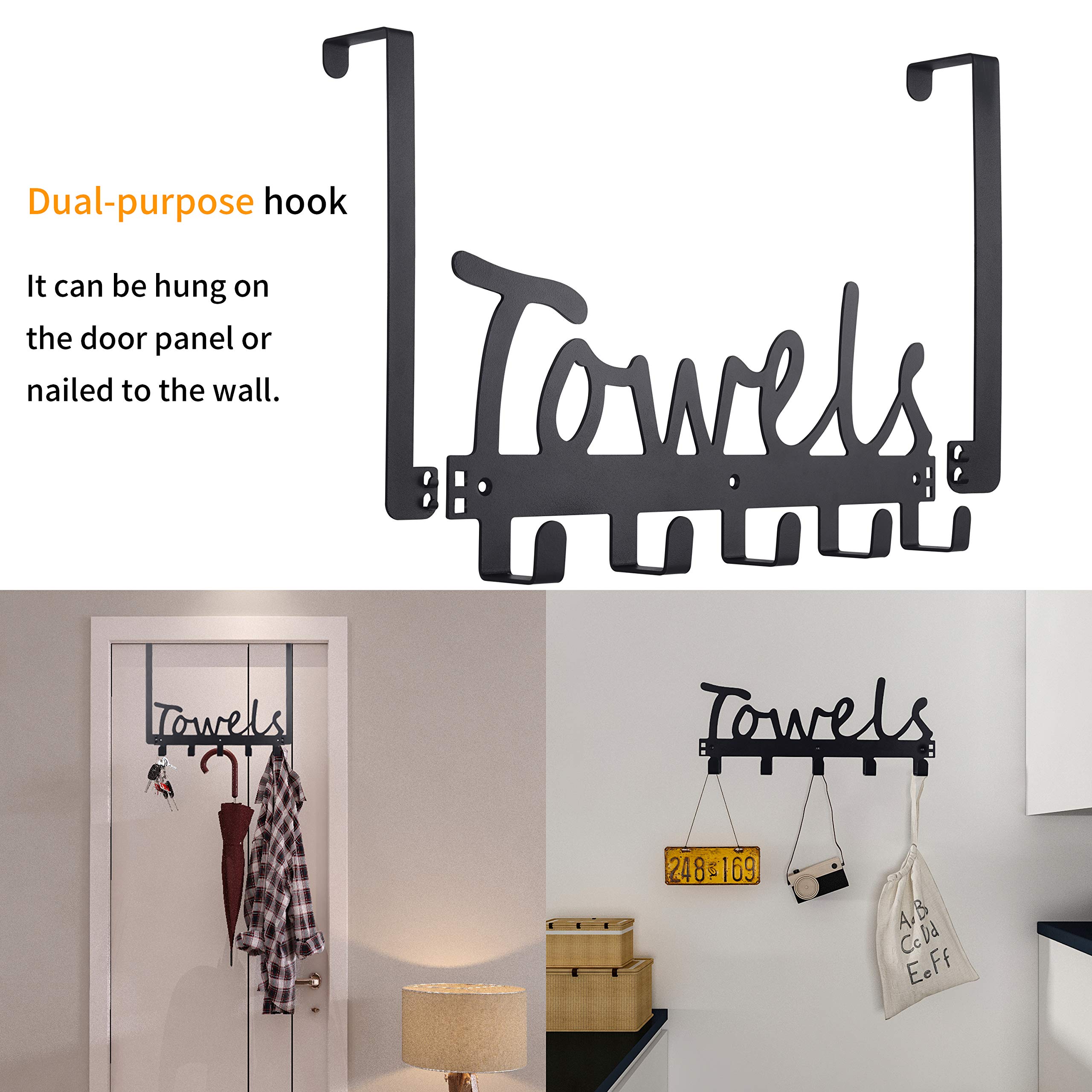 Over The Door Hooks Towel Rack Holder Heavy-Duty Organizer on Bathroom Cabinet Cupboard Door Hooks for Towel, Robe,Coat, Bag,Keys - 5 Hooks