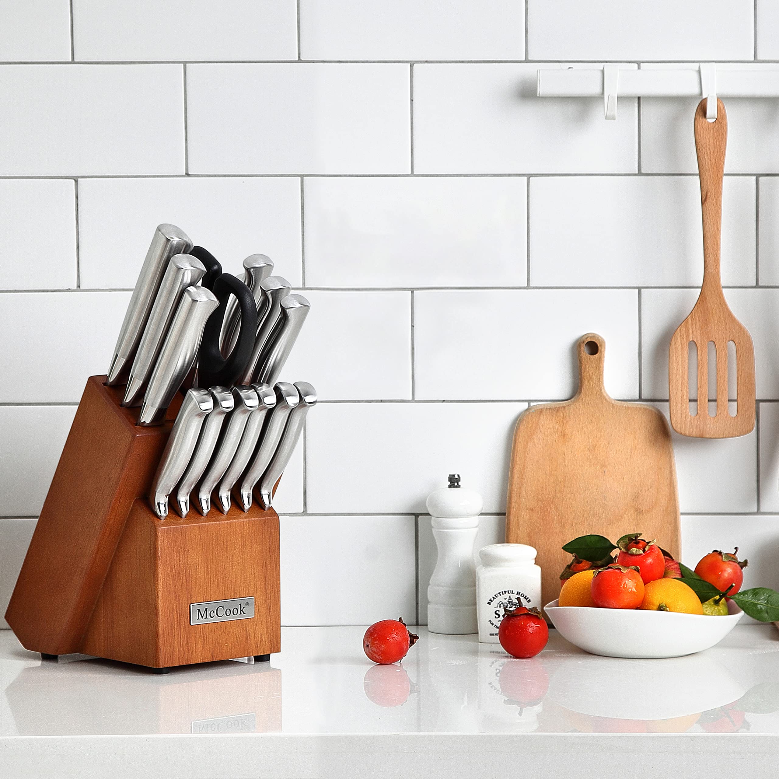 McCook MC29 Knife Sets,15 Pieces German Stainless Steel Kitchen Knife Block Sets with Built-in Sharpener