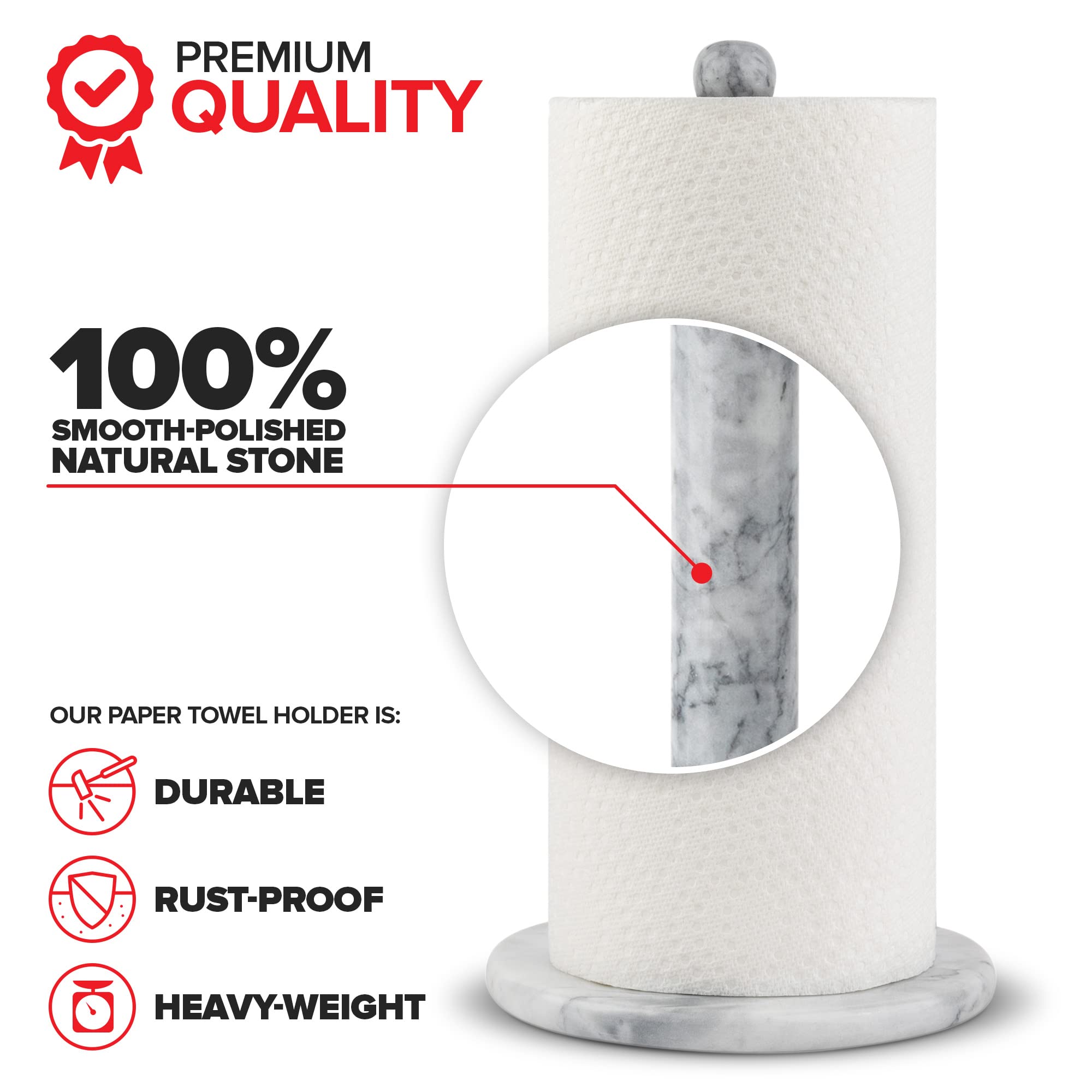 Modern Innovations Marble Paper Towel Holder Countertop Stand in White, for Kitchen and Bathroom, Heavy-Weight, Free-Standing, Fits Standard or Jumbo-Sized Roll