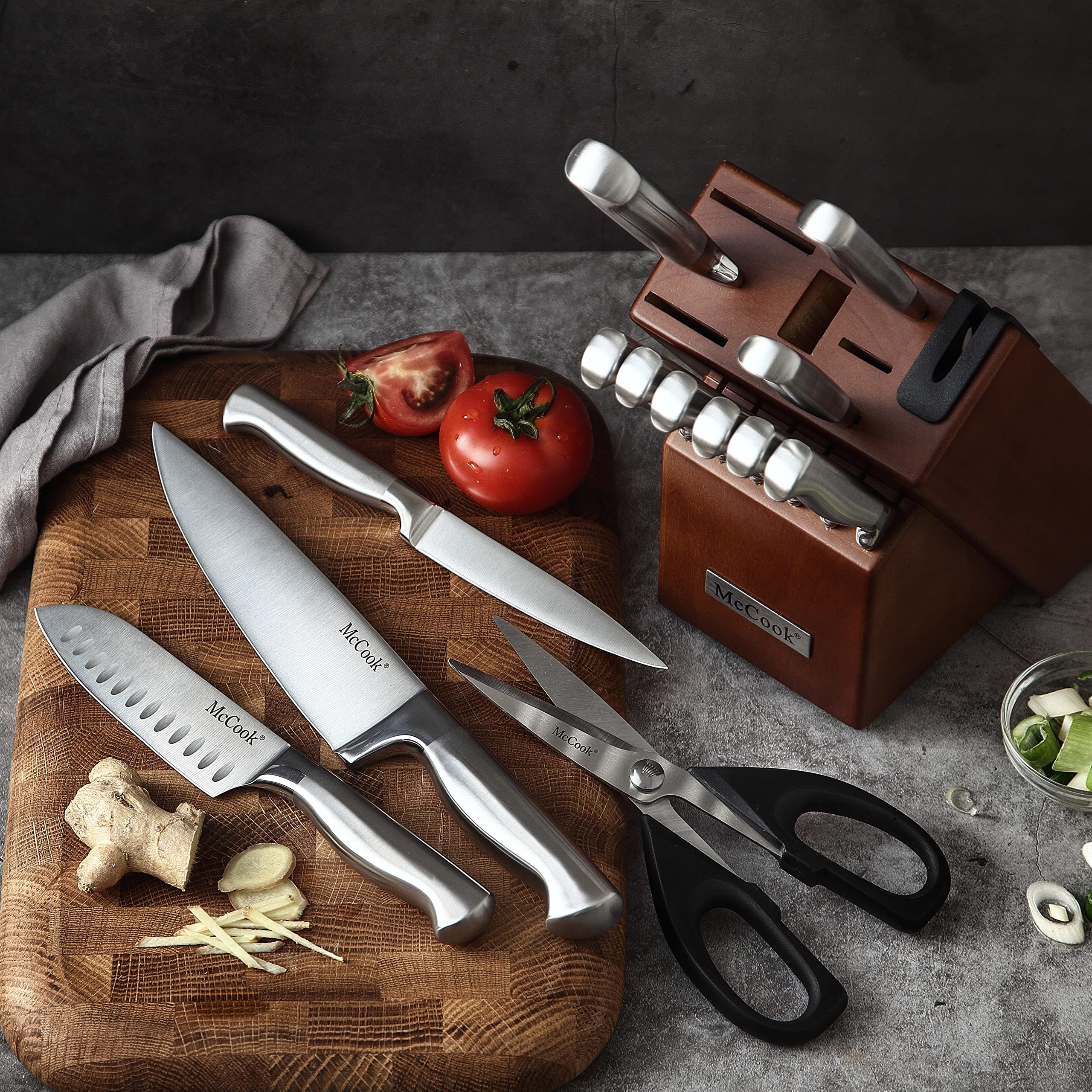 McCook MC29 Knife Sets,15 Pieces German Stainless Steel Kitchen Knife Block Sets with Built-in Sharpener