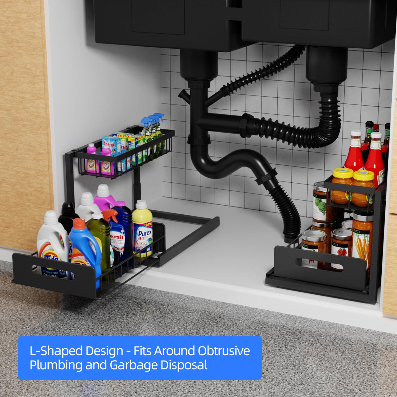 2-Tier Under Sink Slide Out Organizer, Pull Out Cabinet Storage Shelf with Sliding Storage Wire Basket Drawer for Bathroom Kitchen, Countertop or Pantry Storage shelf, Black