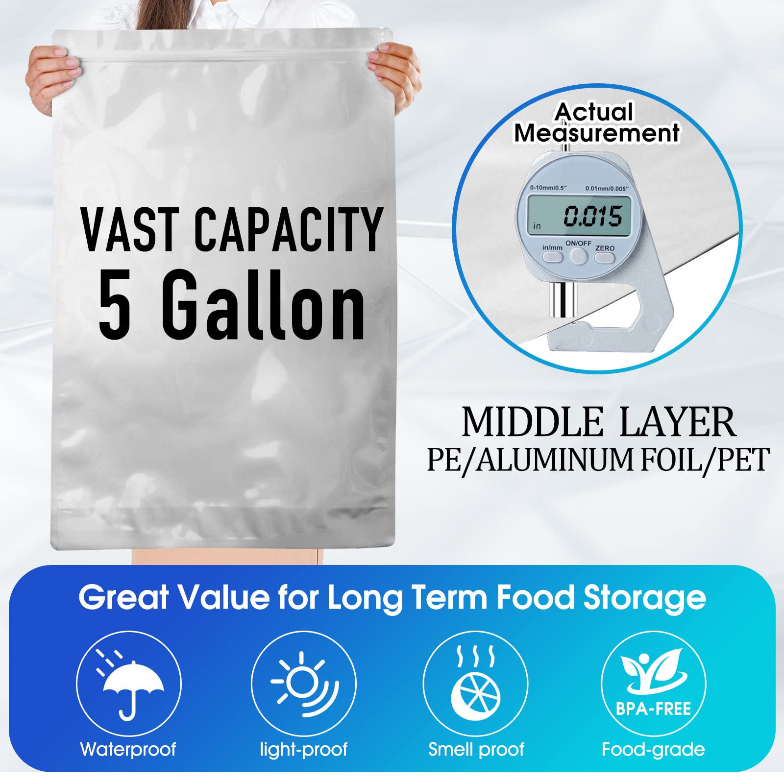 15 Mil 5 Gallon Mylar Bags for Food Storage with 2500cc Oxygen Absorbers - 55 Pack Mylar Bags 5 Gallon,1 Gallon,1 Quart 3 Size, 100 Pcs Labels and 500cc Oxygen Absorbers for Long Term Food Storage