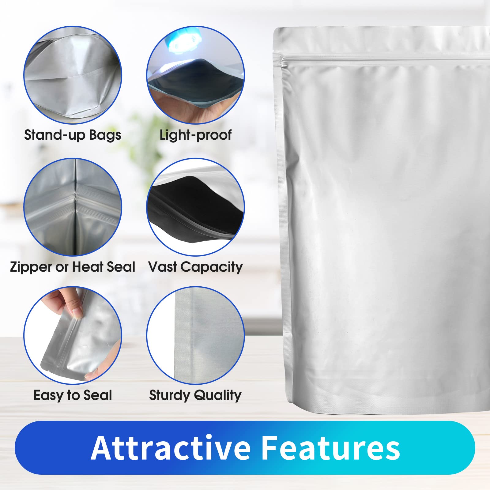 15 Mil 5 Gallon Mylar Bags for Food Storage with 2500cc Oxygen Absorbers - 55 Pack Mylar Bags 5 Gallon,1 Gallon,1 Quart 3 Size, 100 Pcs Labels and 500cc Oxygen Absorbers for Long Term Food Storage