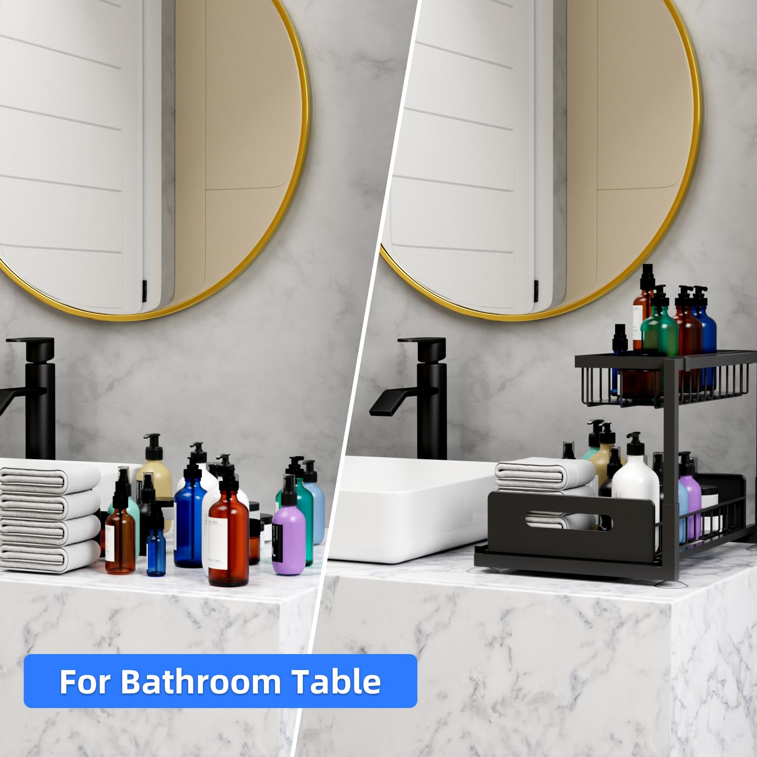 2-Tier Under Sink Slide Out Organizer, Pull Out Cabinet Storage Shelf with Sliding Storage Wire Basket Drawer for Bathroom Kitchen, Countertop or Pantry Storage shelf, Black