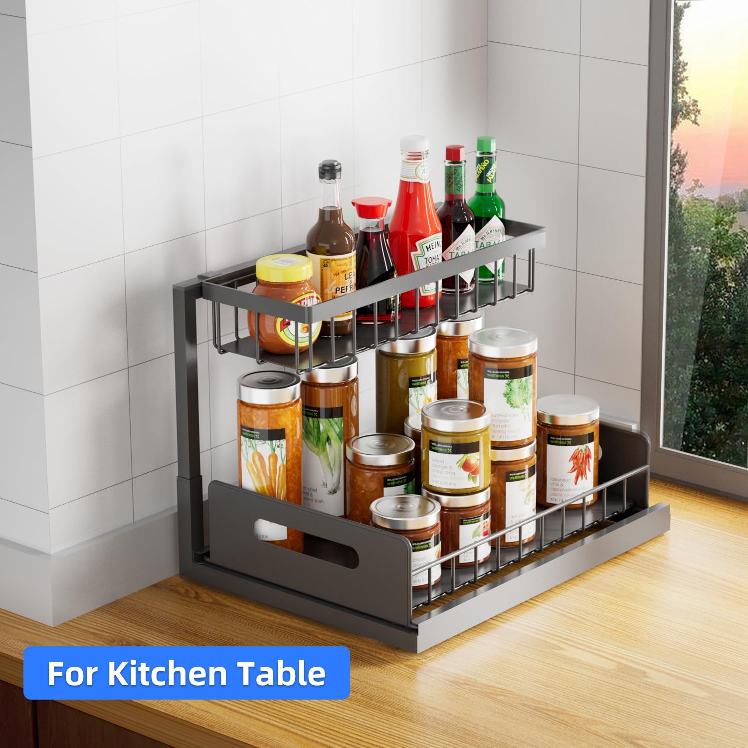 2-Tier Under Sink Slide Out Organizer, Pull Out Cabinet Storage Shelf with Sliding Storage Wire Basket Drawer for Bathroom Kitchen, Countertop or Pantry Storage shelf, Black
