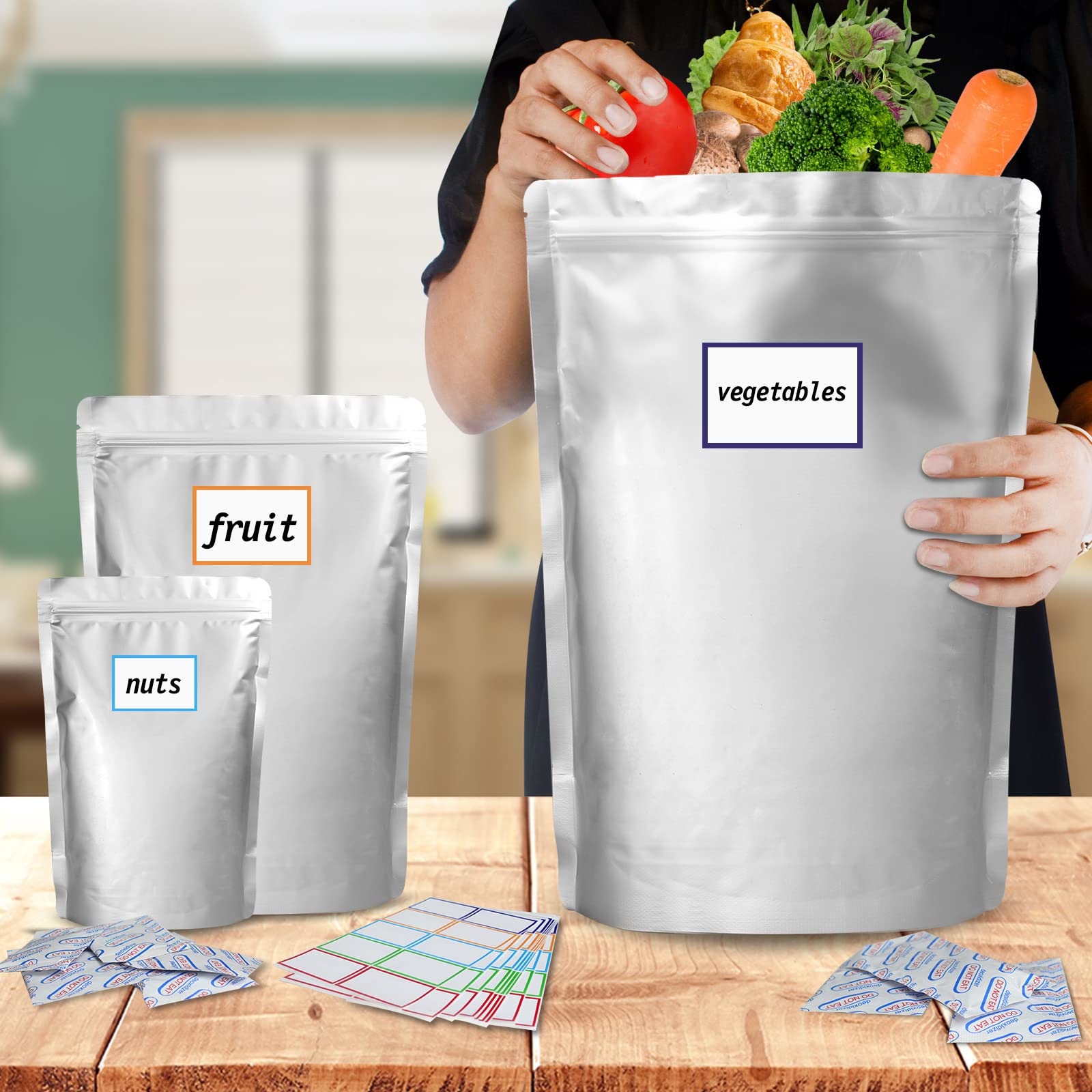 15 Mil 5 Gallon Mylar Bags for Food Storage with 2500cc Oxygen Absorbers - 55 Pack Mylar Bags 5 Gallon,1 Gallon,1 Quart 3 Size, 100 Pcs Labels and 500cc Oxygen Absorbers for Long Term Food Storage