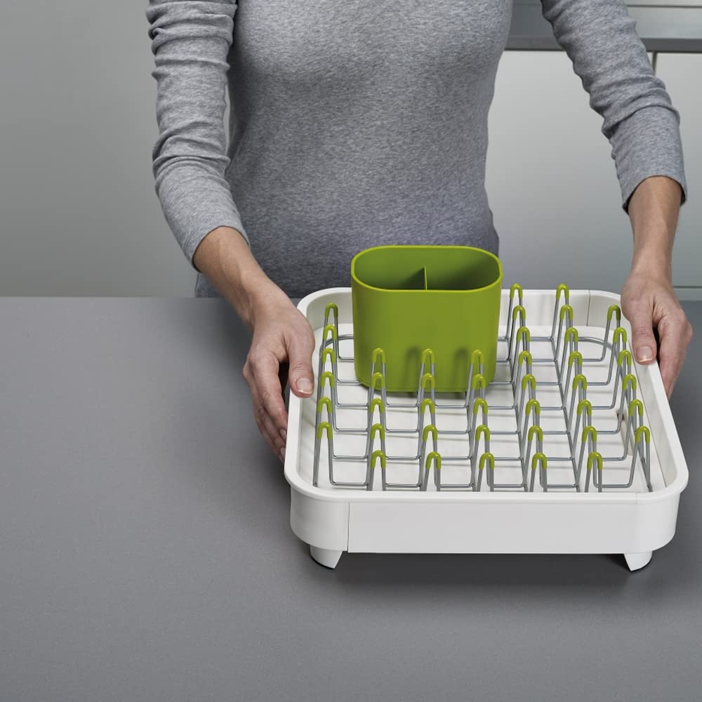 Joseph Joseph 85071 Extend Expandable Dish Drying Rack and Drainboard Set Foldaway Integrated Spout Drainer Removable Steel Rack and Cutlery Holder, White,White/Green - Plastic